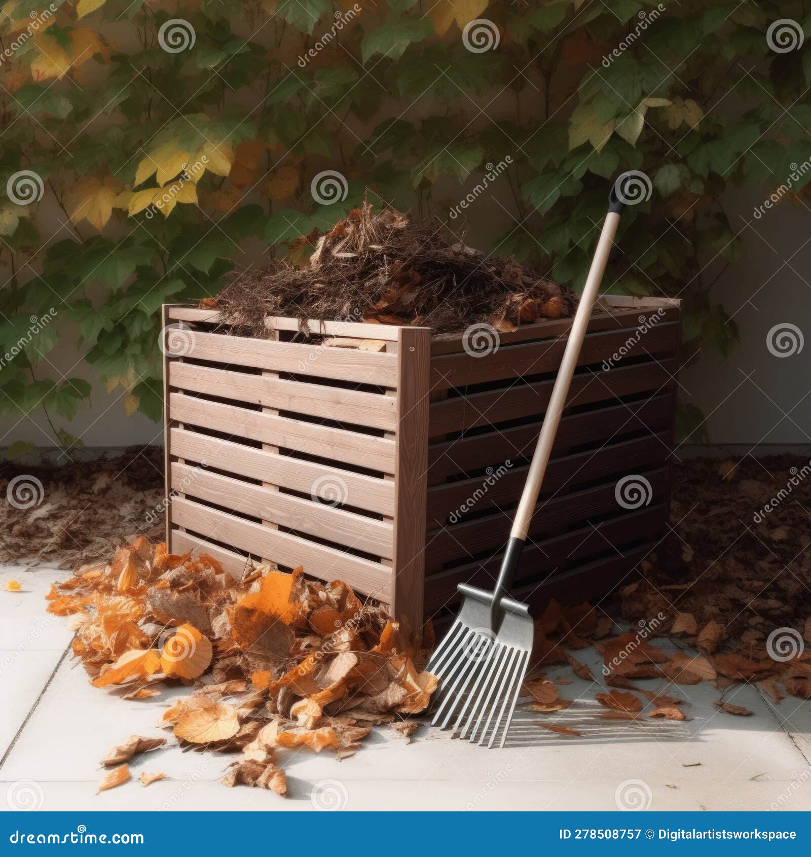 Compost Bin and Garden Rake, Generative AI Stock Illustration ...