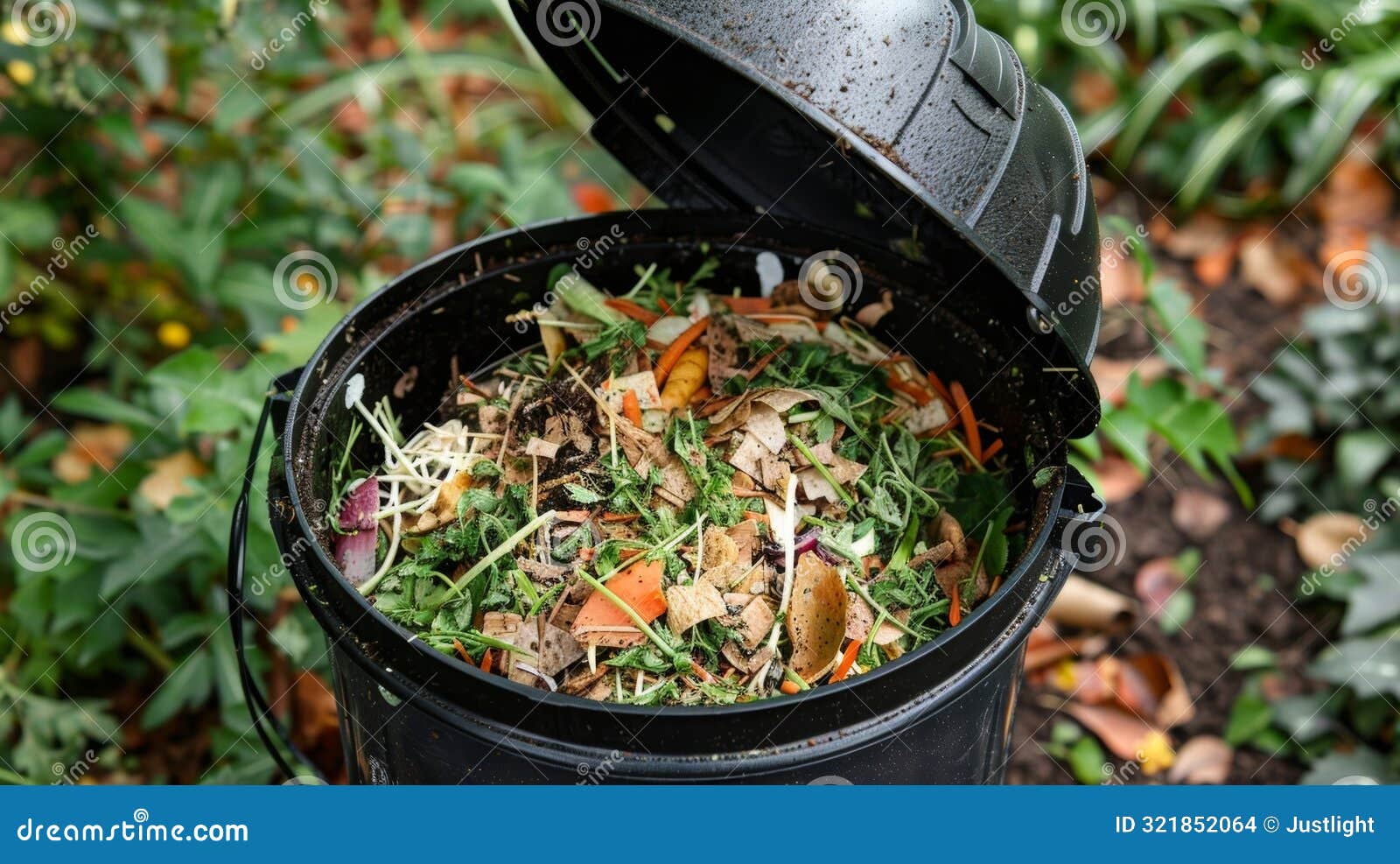 A Compost Bin with an Open Lid Revealing a Mixture of Vegetable Scraps ...