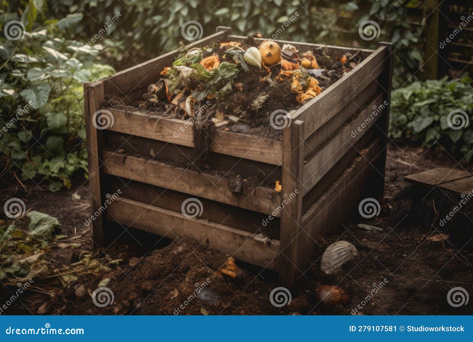 Compost Bin Overflowing With Rich, Dark Soil Stock Photo ...