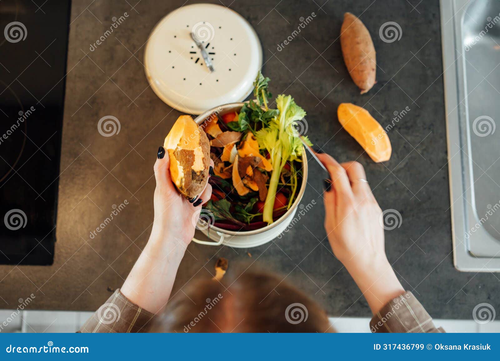 Compost the Kitchen Waste, Recycling at Home. Woman Putting Vegetables ...