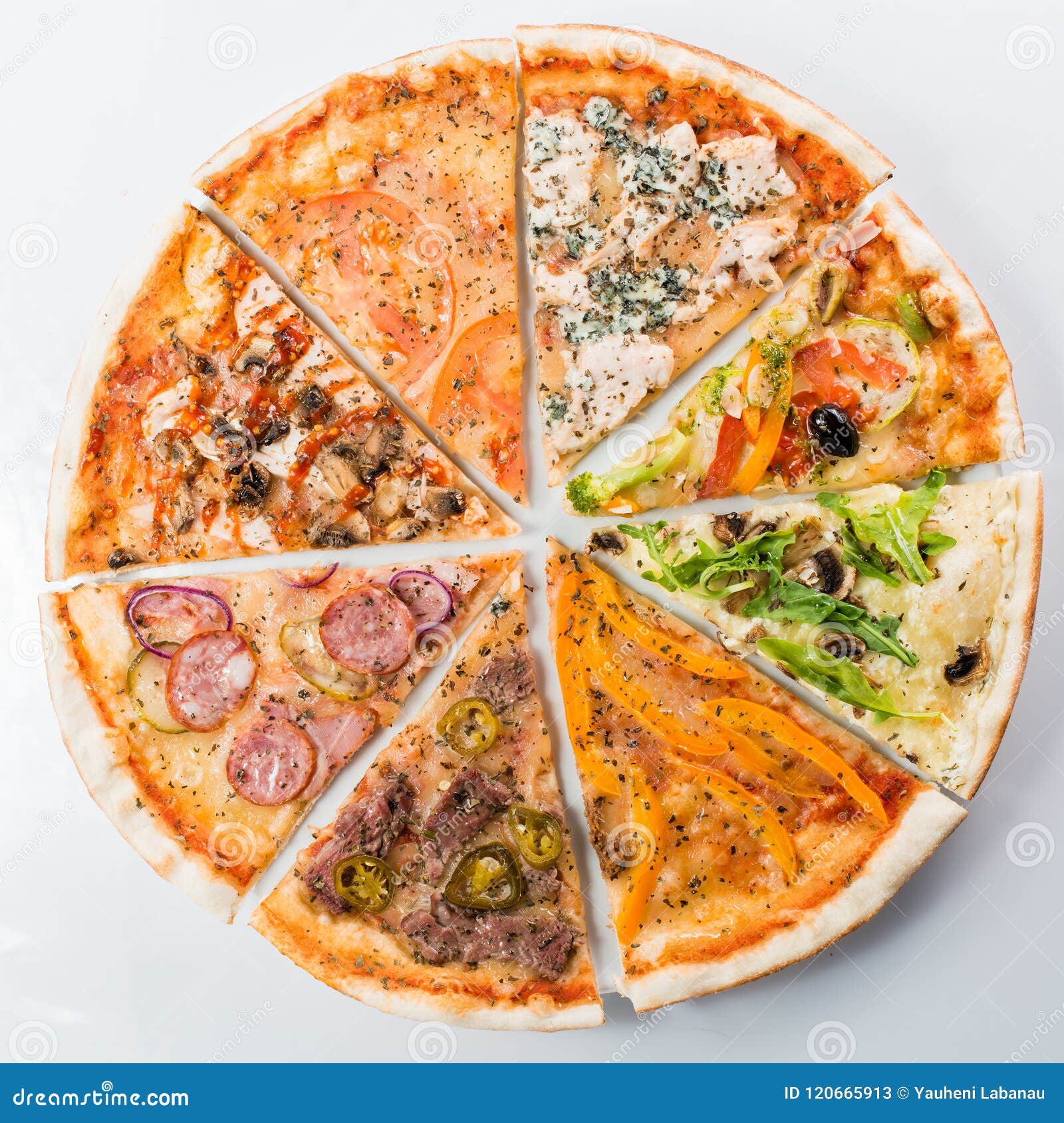 Compound Pizza from Slices of Different Pizzas on a Light Background ...