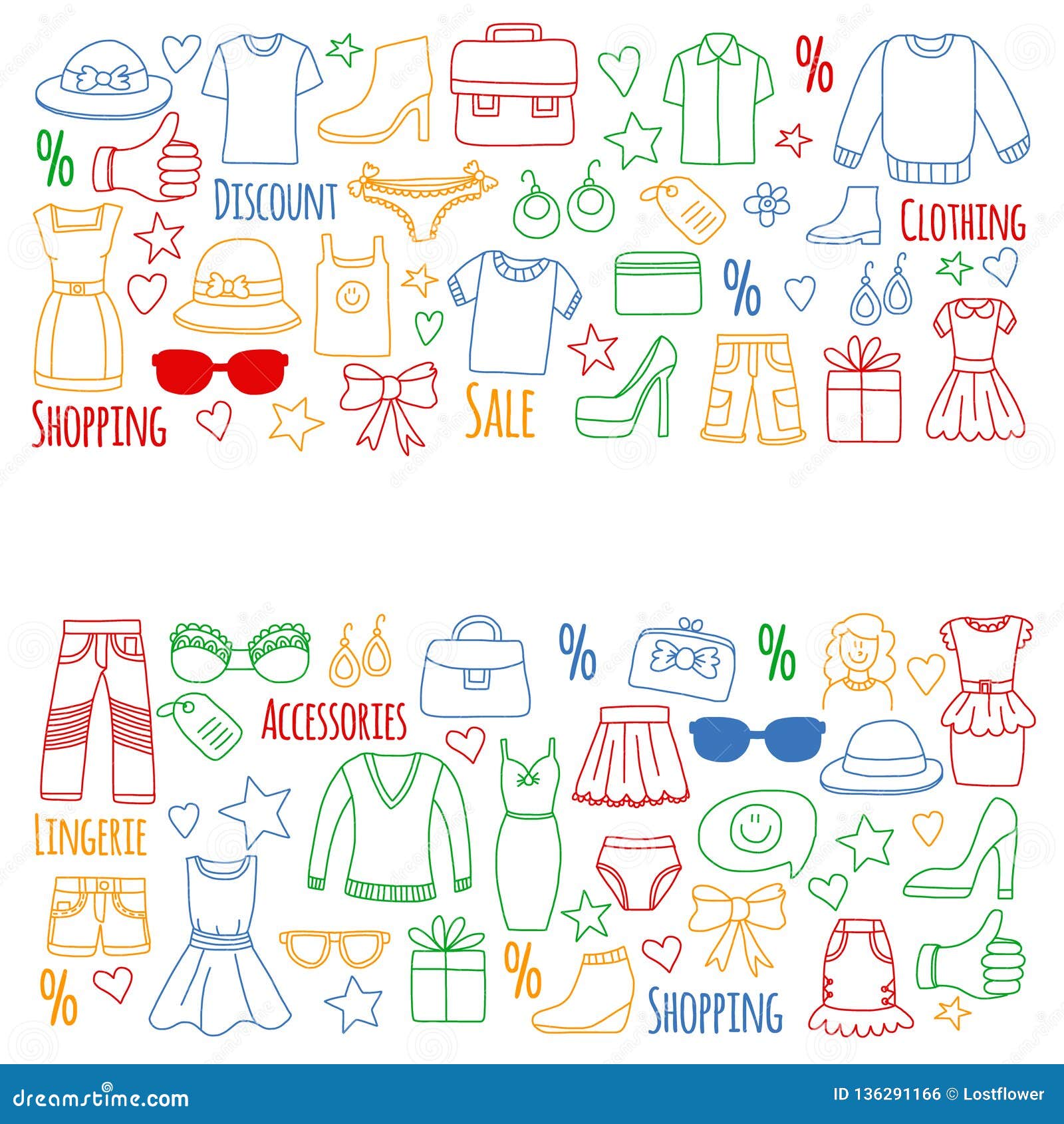 Compras, Mercado, Tienda Ropa E Iconos De La Moda Ilustración del ...