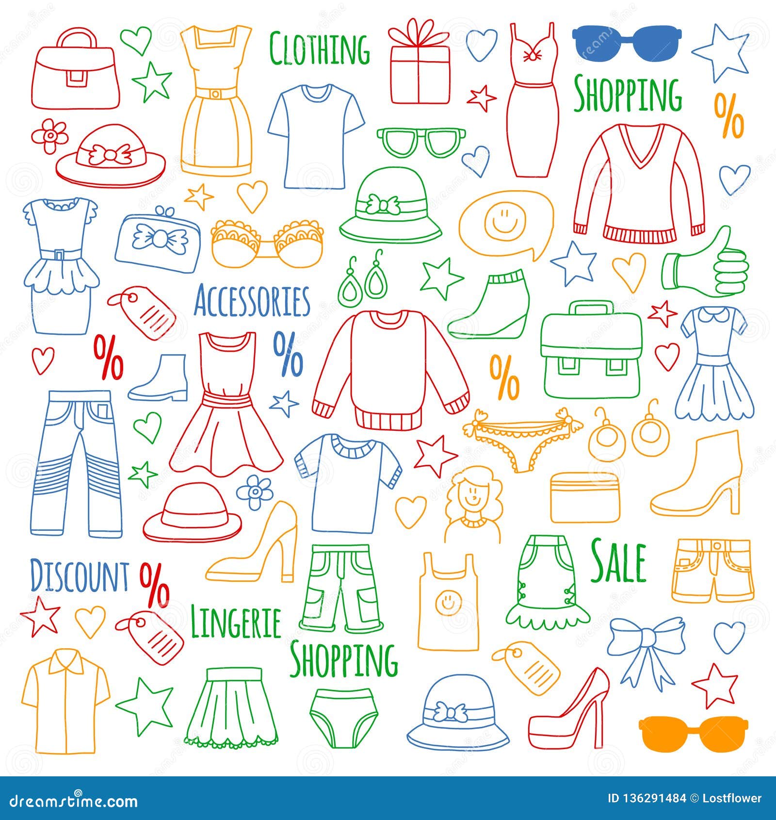 Compras, Mercado, Tienda Ropa E Iconos De La Moda Ilustración del ...