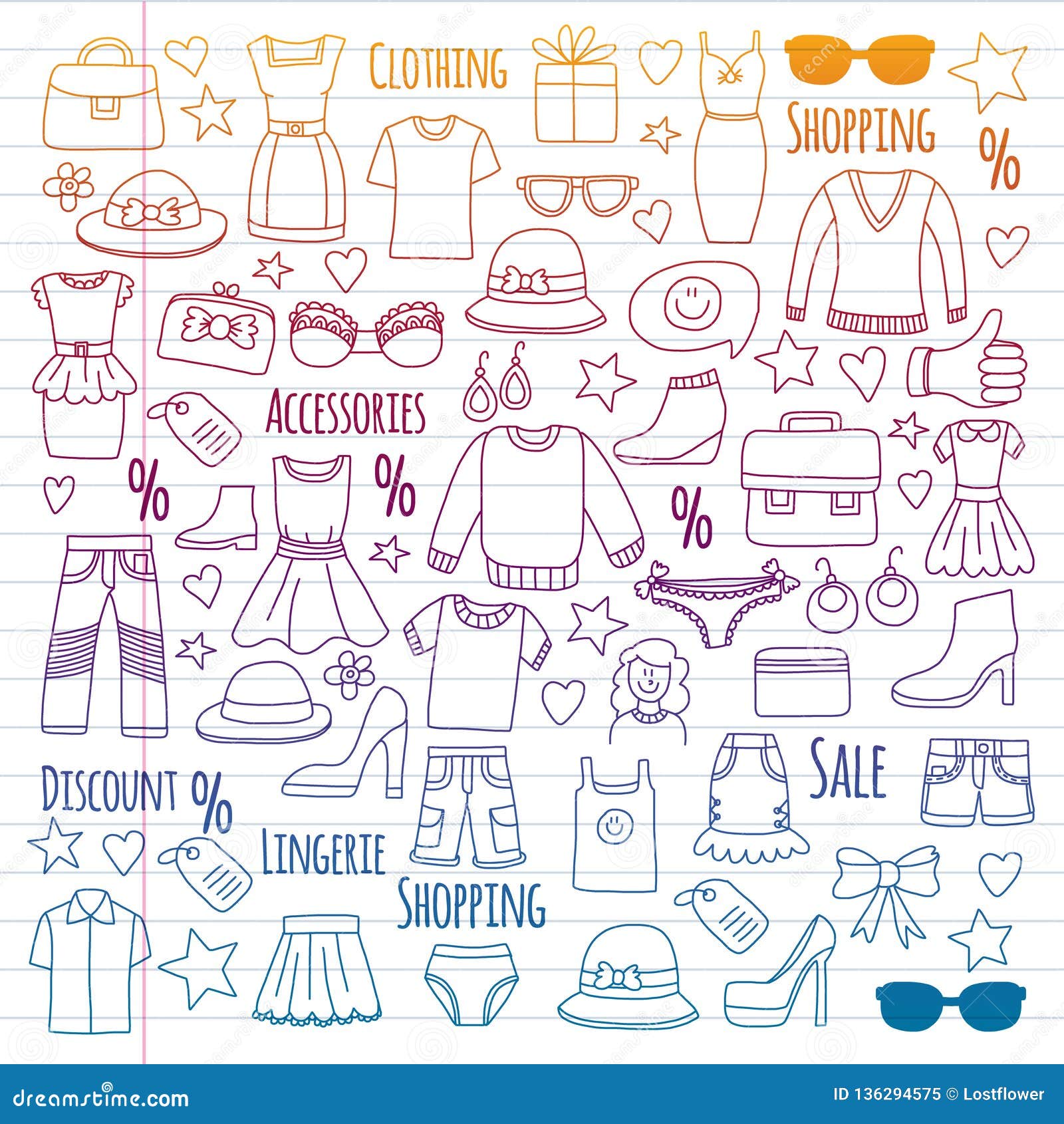 Compras, Mercado, Tienda Ropa E Iconos De La Moda Ilustración del ...