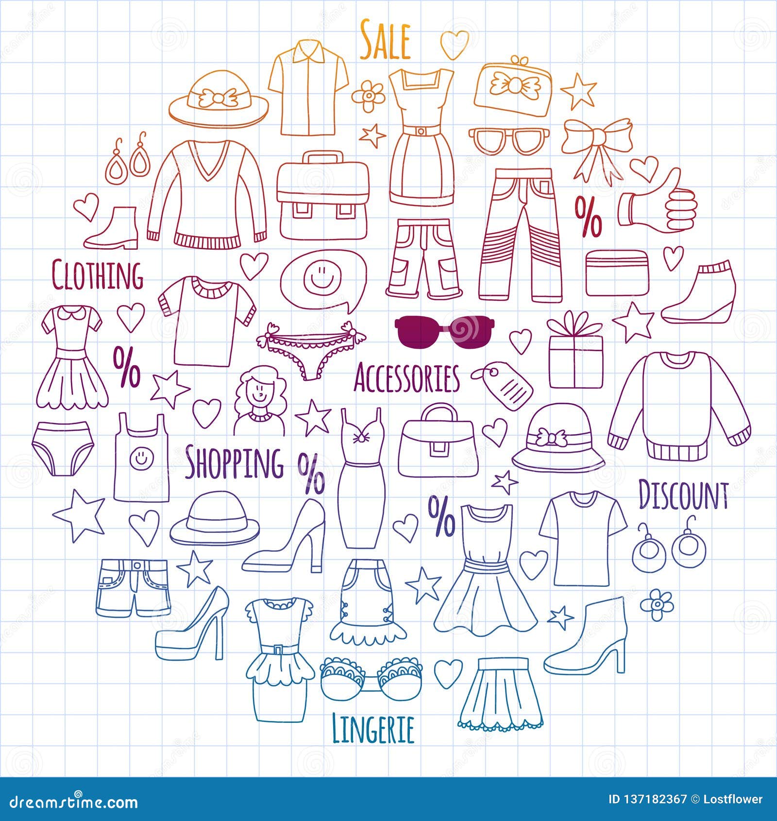 Compras, Mercado, Tienda Ropa E Iconos De La Moda Ilustración del ...