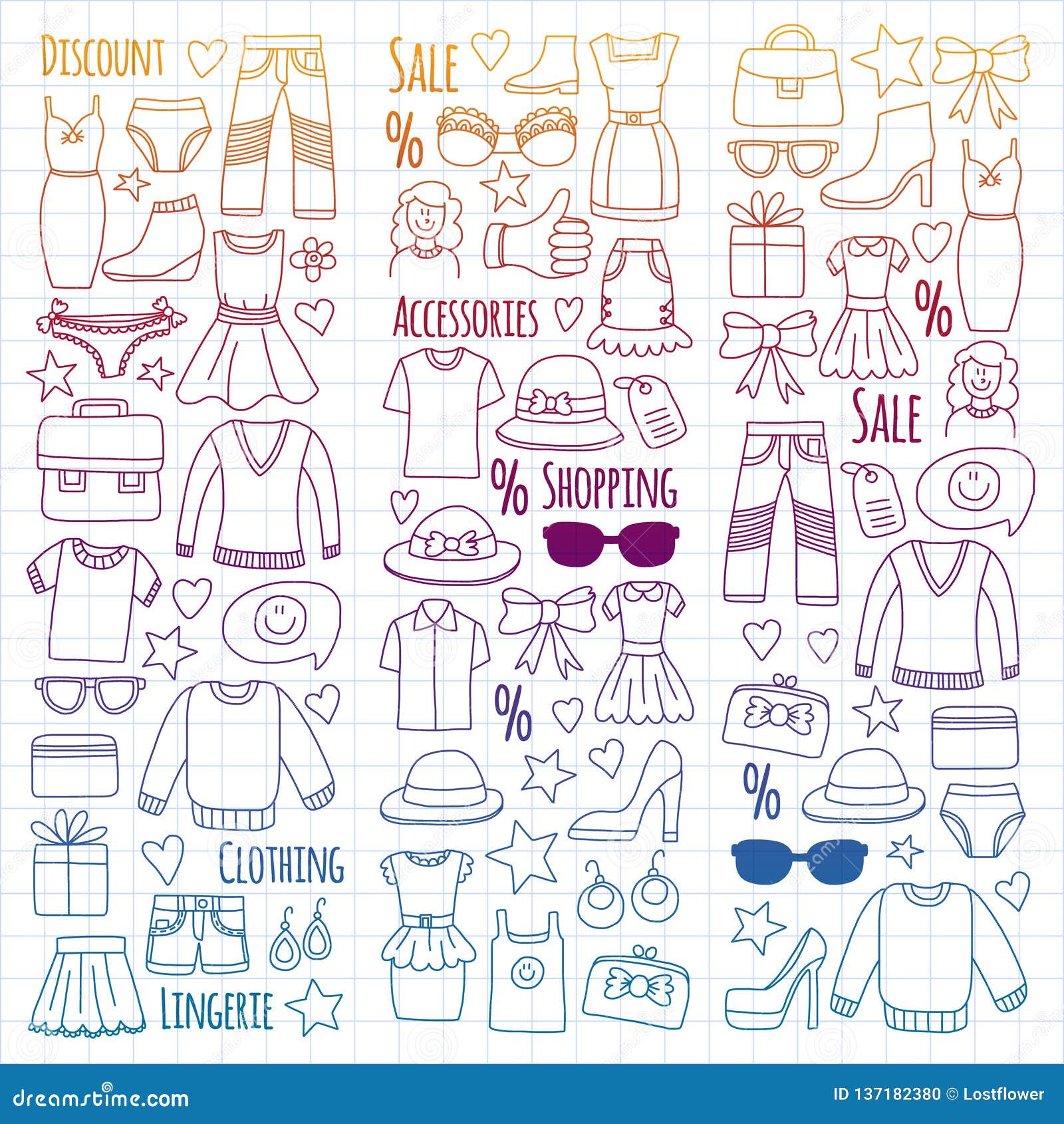 Compras, Mercado, Tienda Ropa E Iconos De La Moda Ilustración del ...