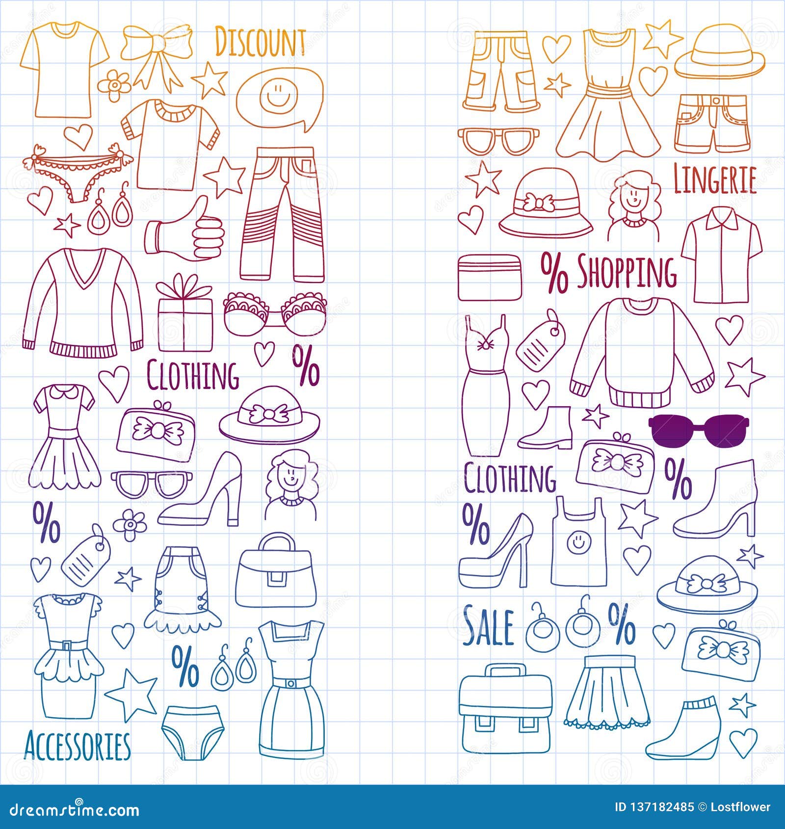 Compras, Mercado, Tienda Ropa E Iconos De La Moda Ilustración del ...