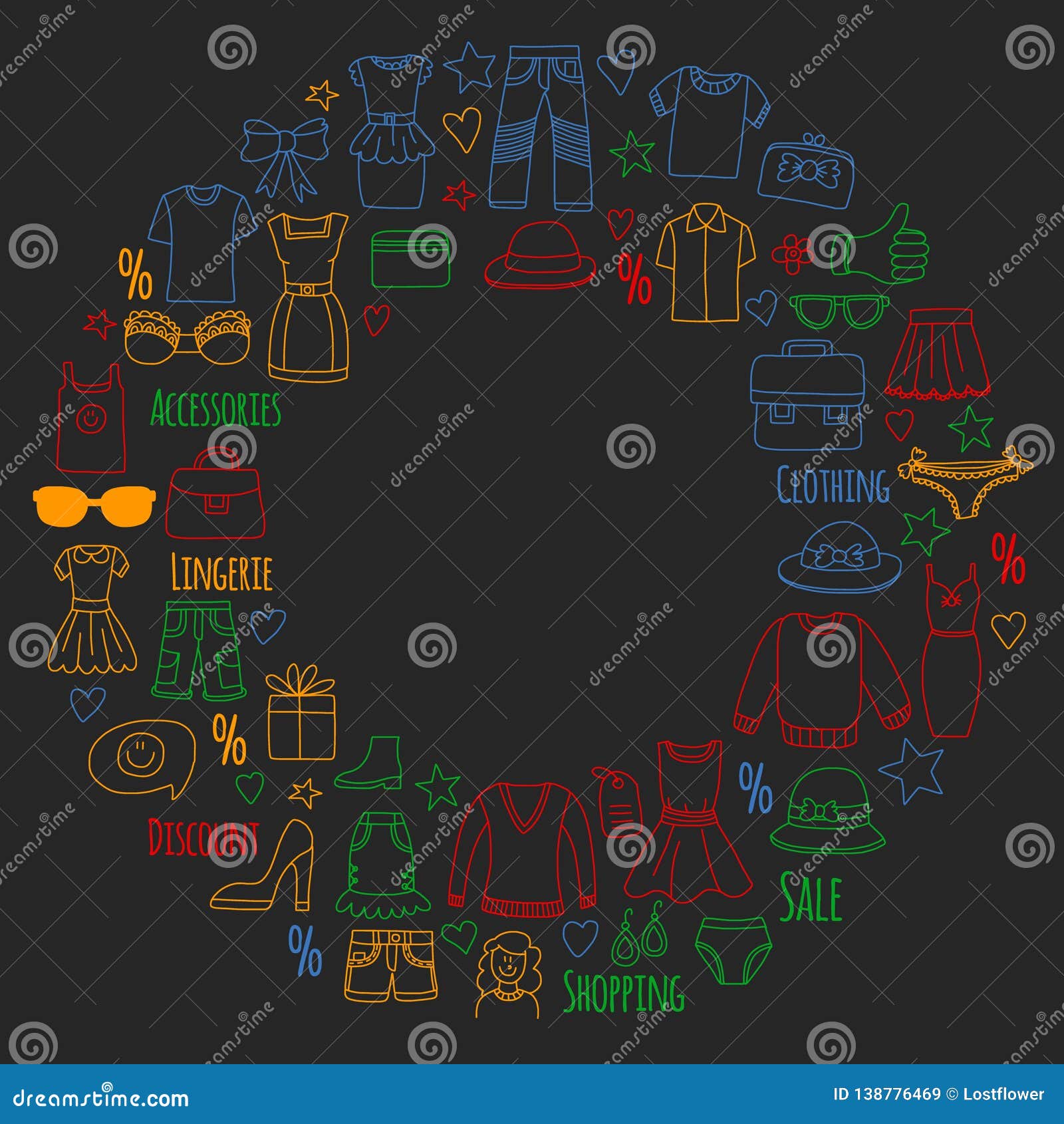 Compras, Mercado, Tienda Ropa E Iconos De La Moda Ilustración del ...