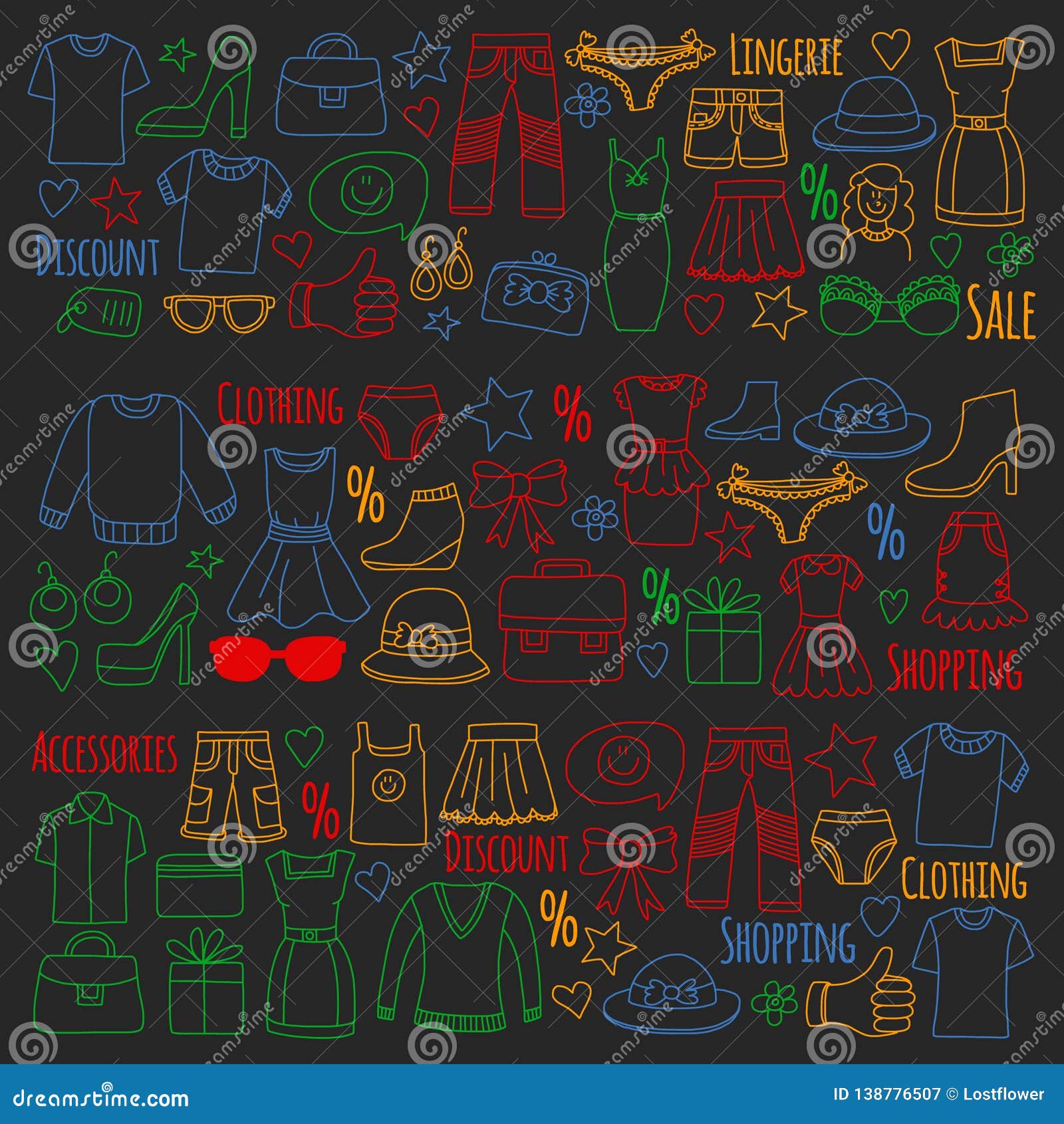 Compras, Mercado, Tienda Ropa E Iconos De La Moda Ilustración del ...