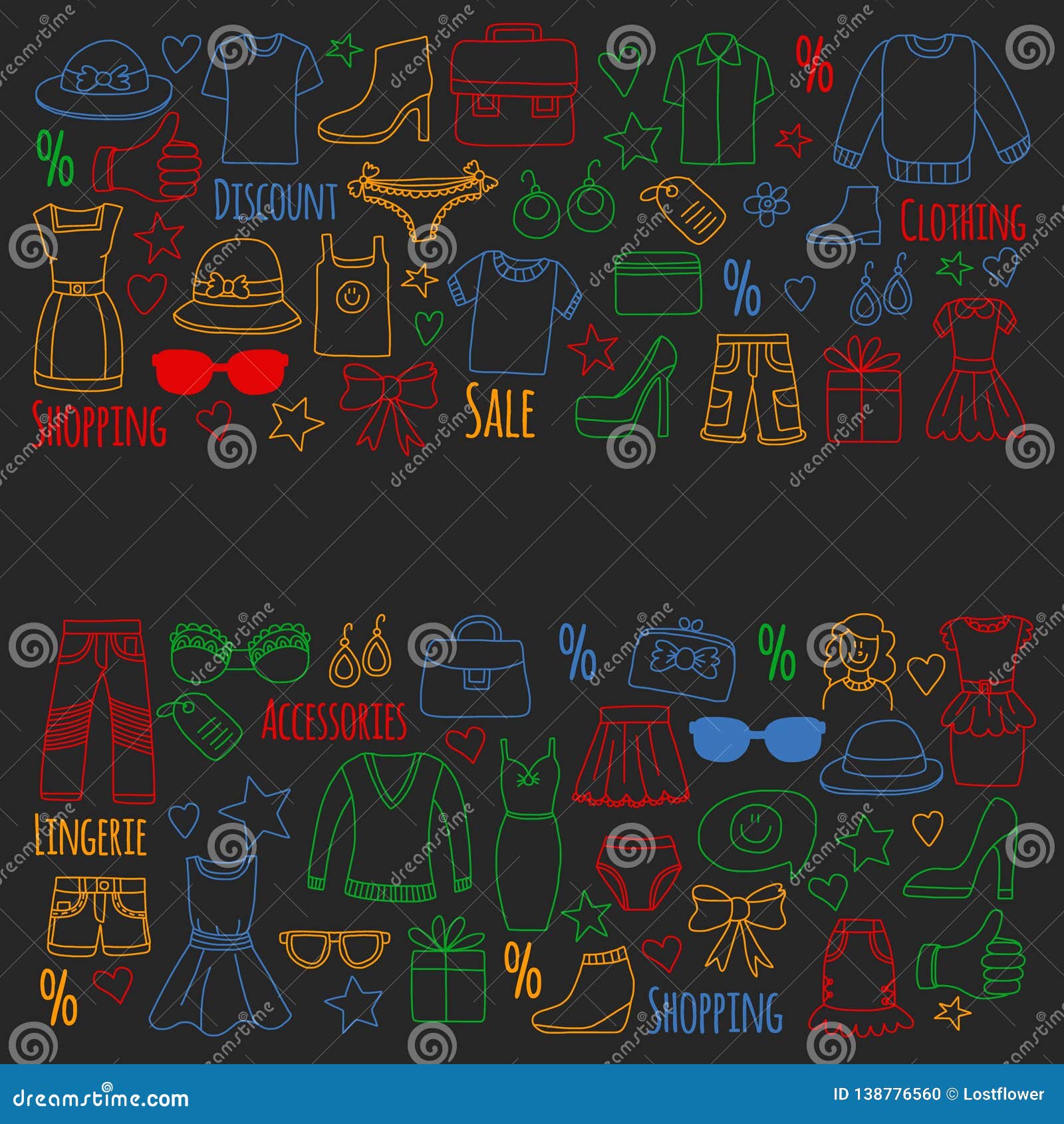 Compras, Mercado, Tienda Ropa E Iconos De La Moda Ilustración del ...