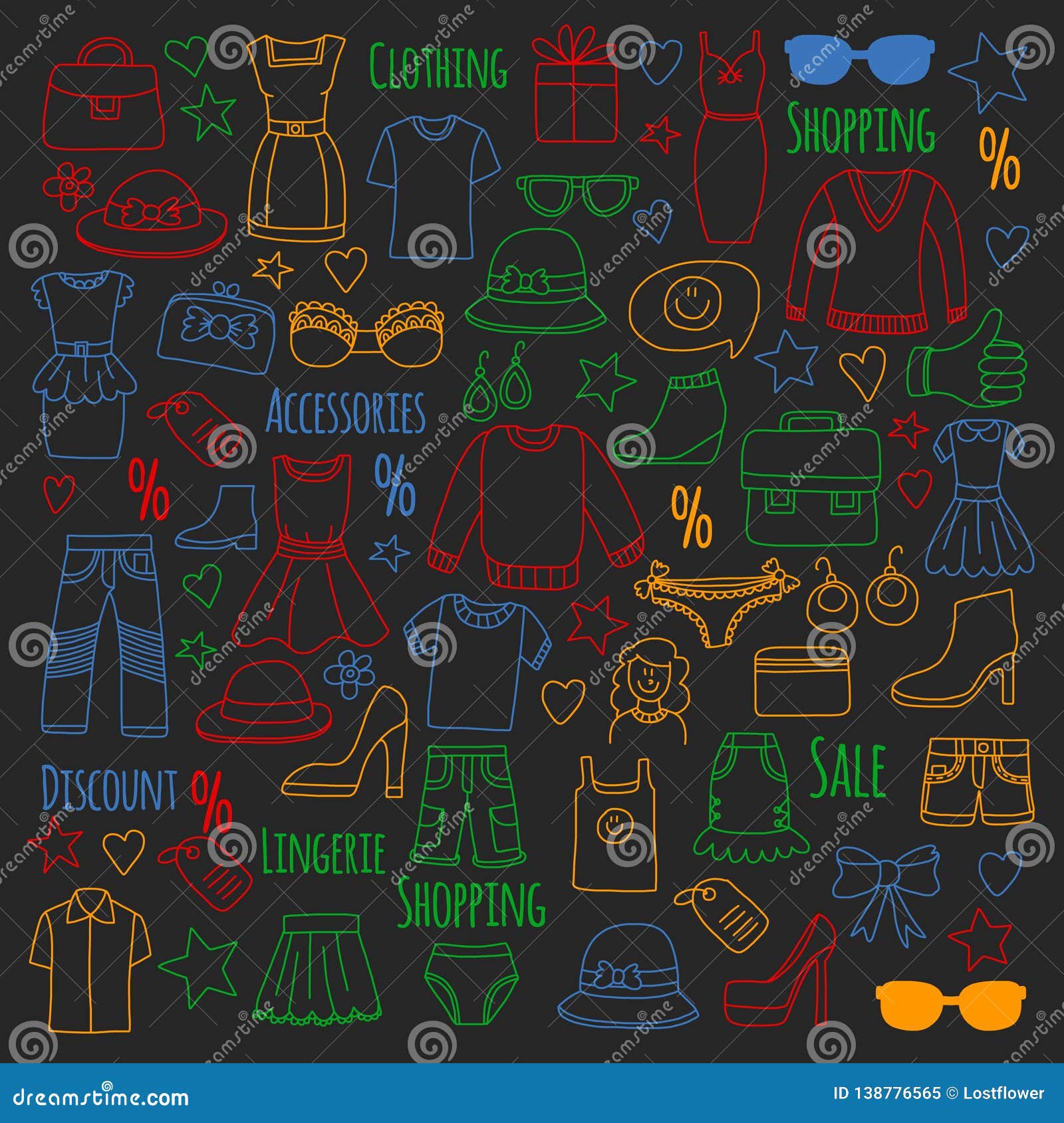 Compras, Mercado, Tienda Ropa E Iconos De La Moda Ilustración del ...