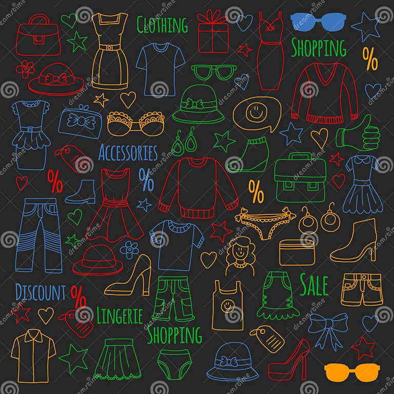 Compras, Mercado, Tienda Ropa E Iconos De La Moda Ilustración del ...