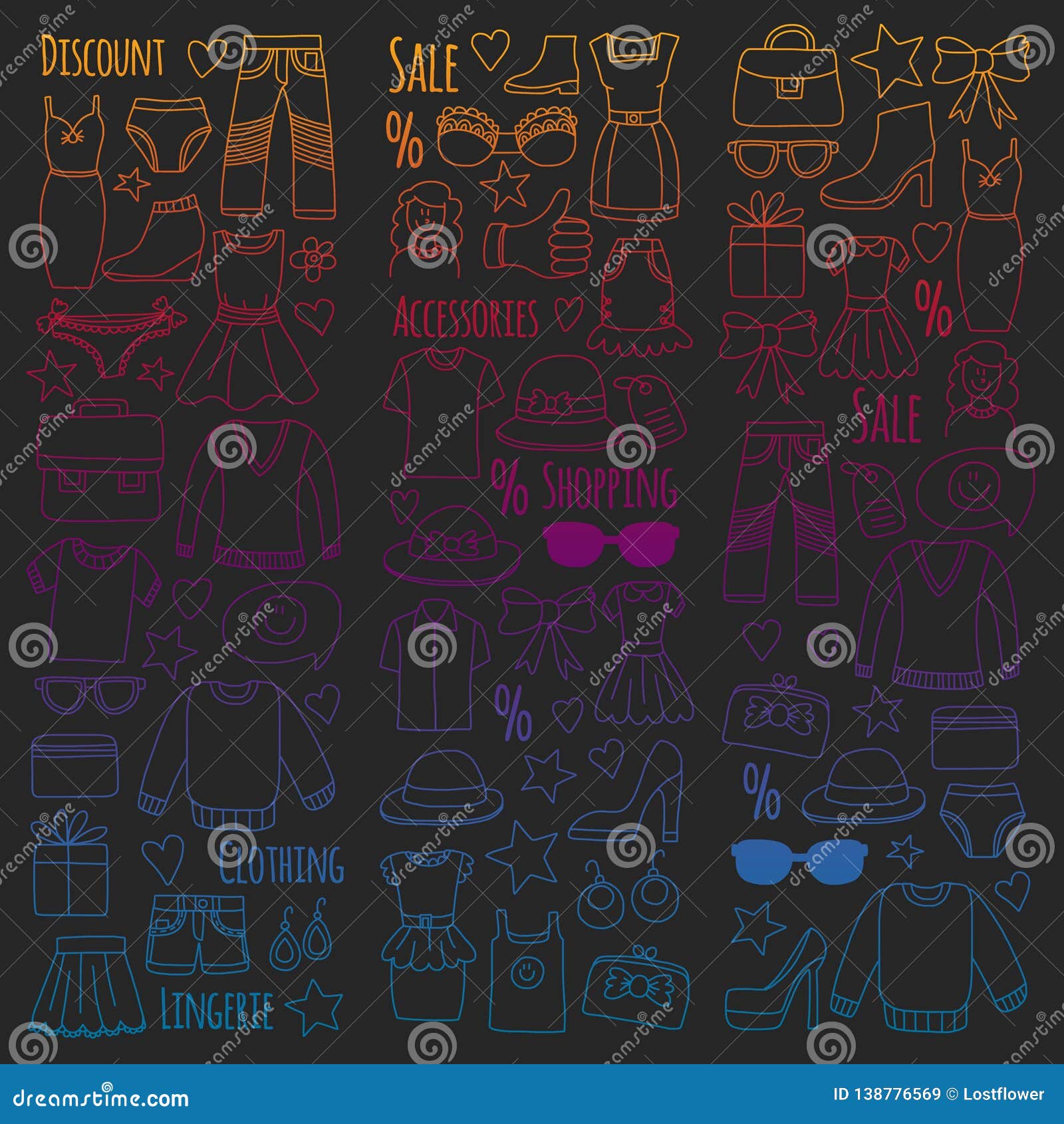 Compras, Mercado, Tienda Ropa E Iconos De La Moda Ilustración del ...