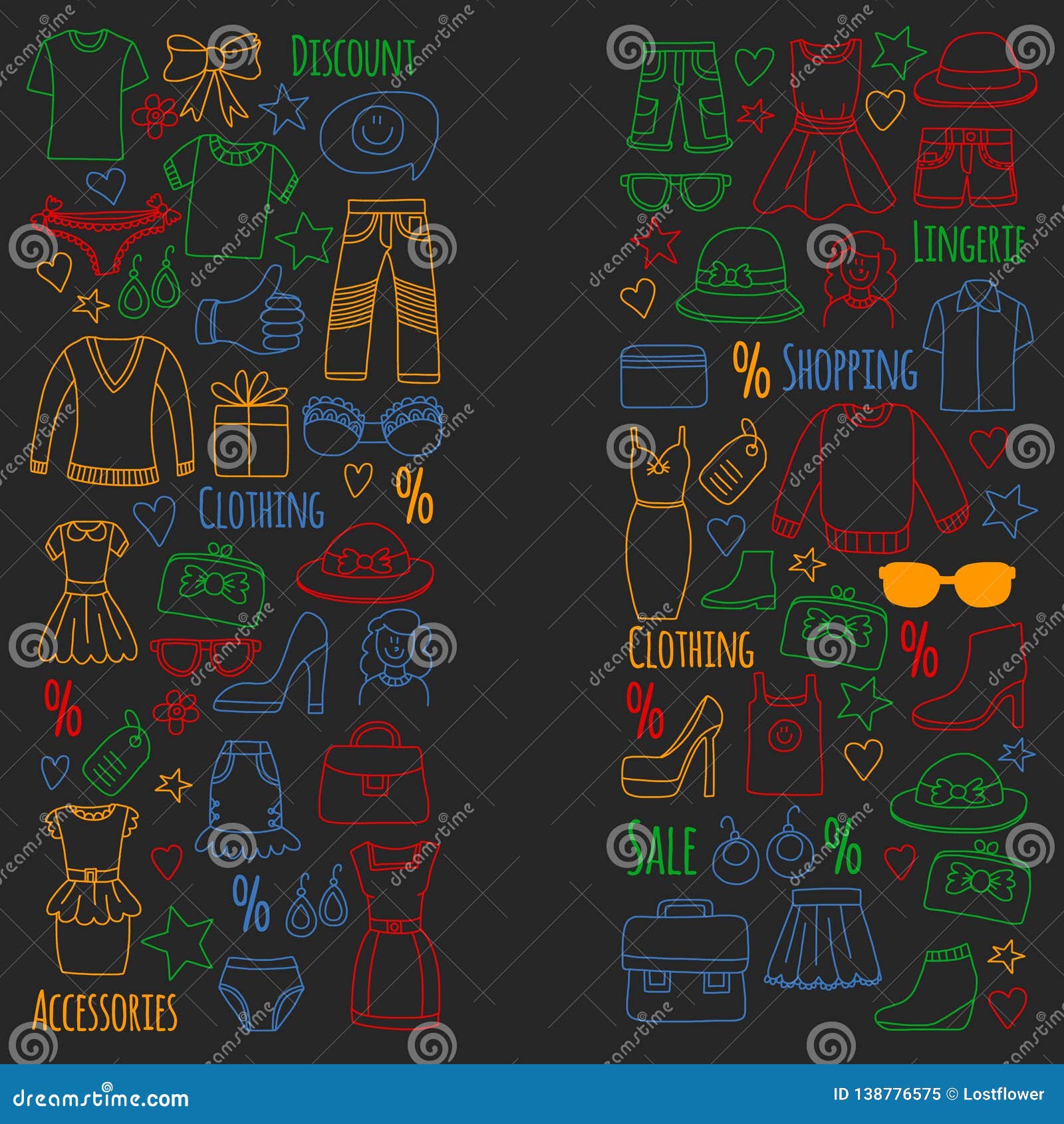 Compras, Mercado, Tienda Ropa E Iconos De La Moda Ilustración del ...