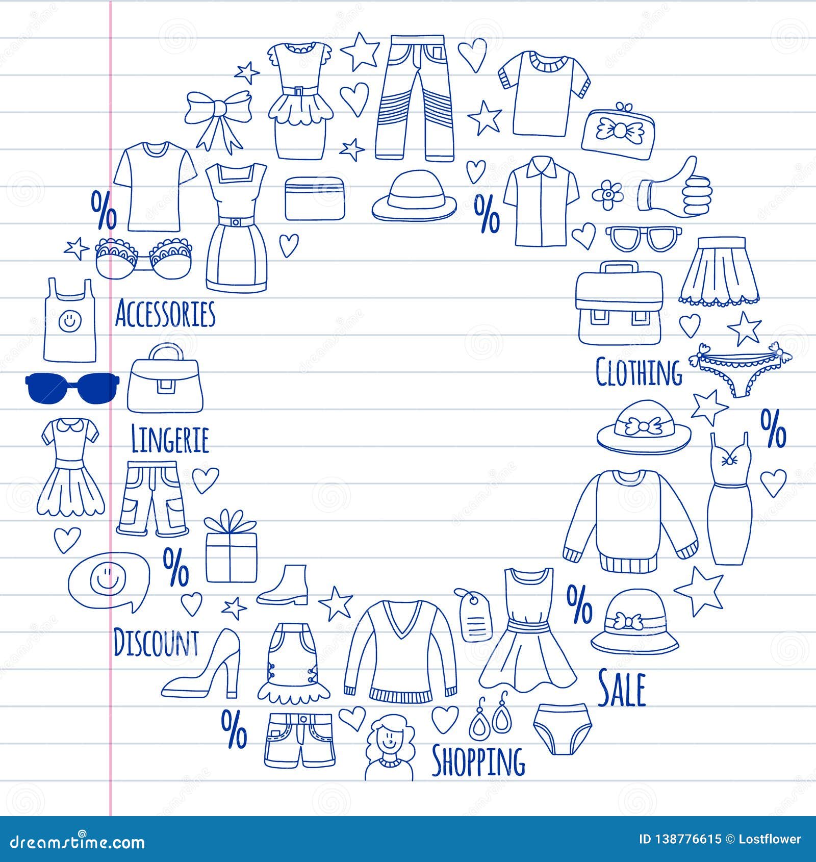 Compras, Mercado, Tienda Ropa E Iconos De La Moda Ilustración del ...