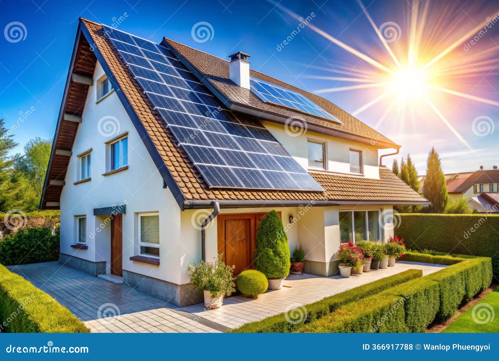 Residential Solar Panel Array On A Tiled Roof Under A Bright Sunny Sky ...