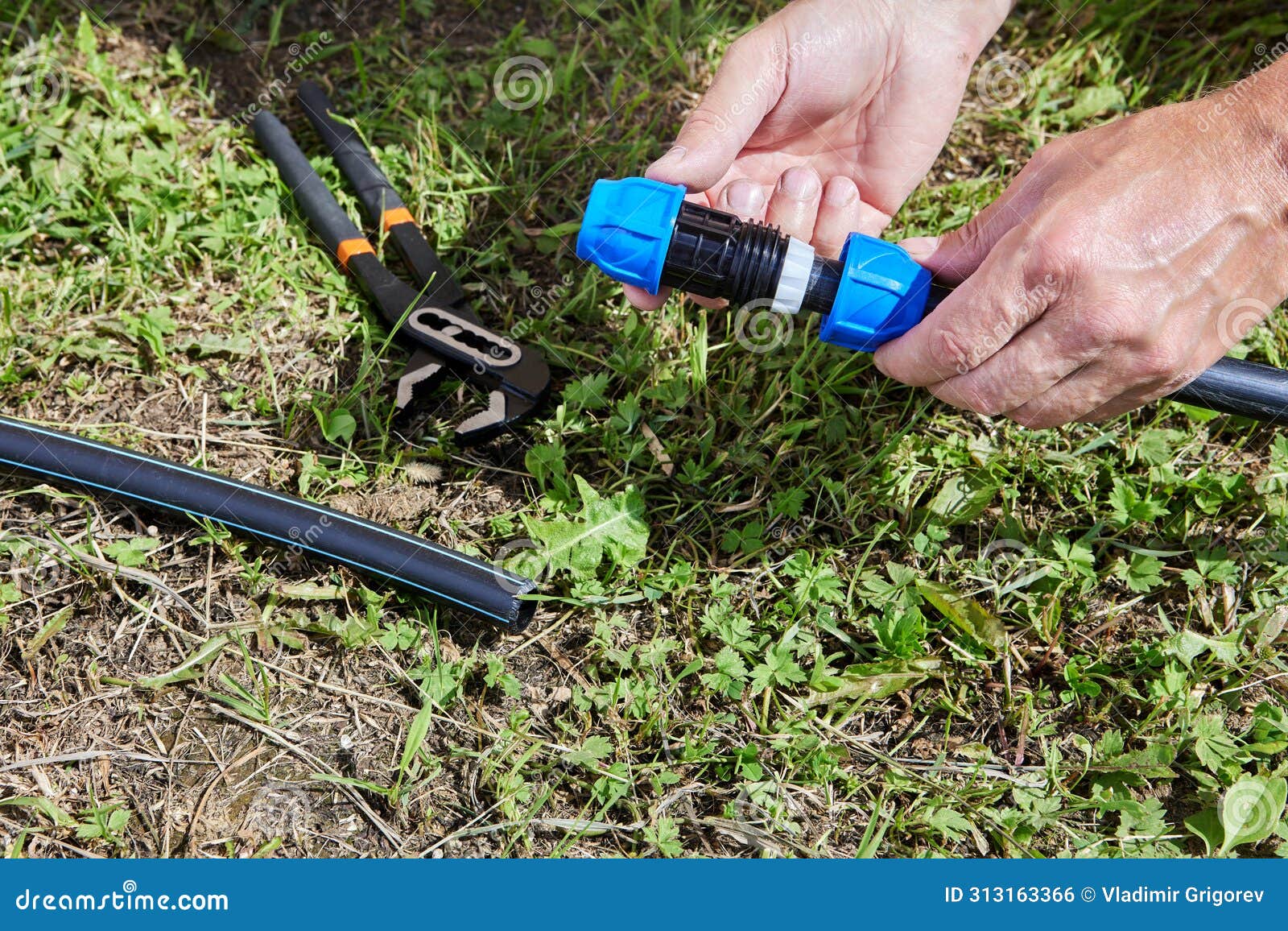 Assembling Irrigation Water Supply, Plumber Connects Pipes with ...
