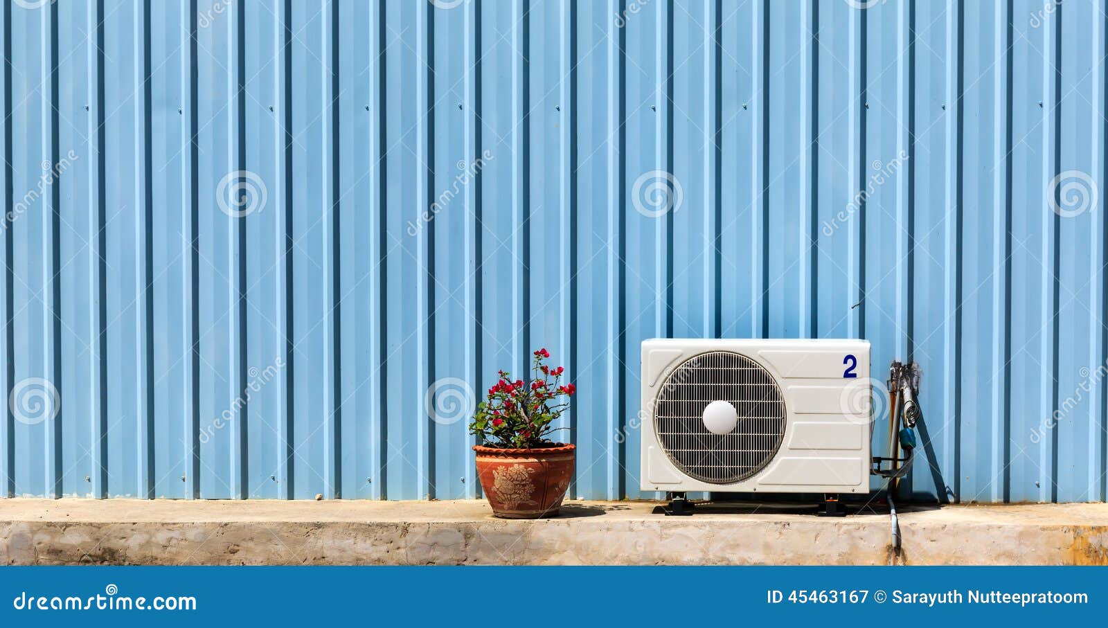 Compressor Air-conditioner and Flower Pot on Zinc Wall Stock Image ...