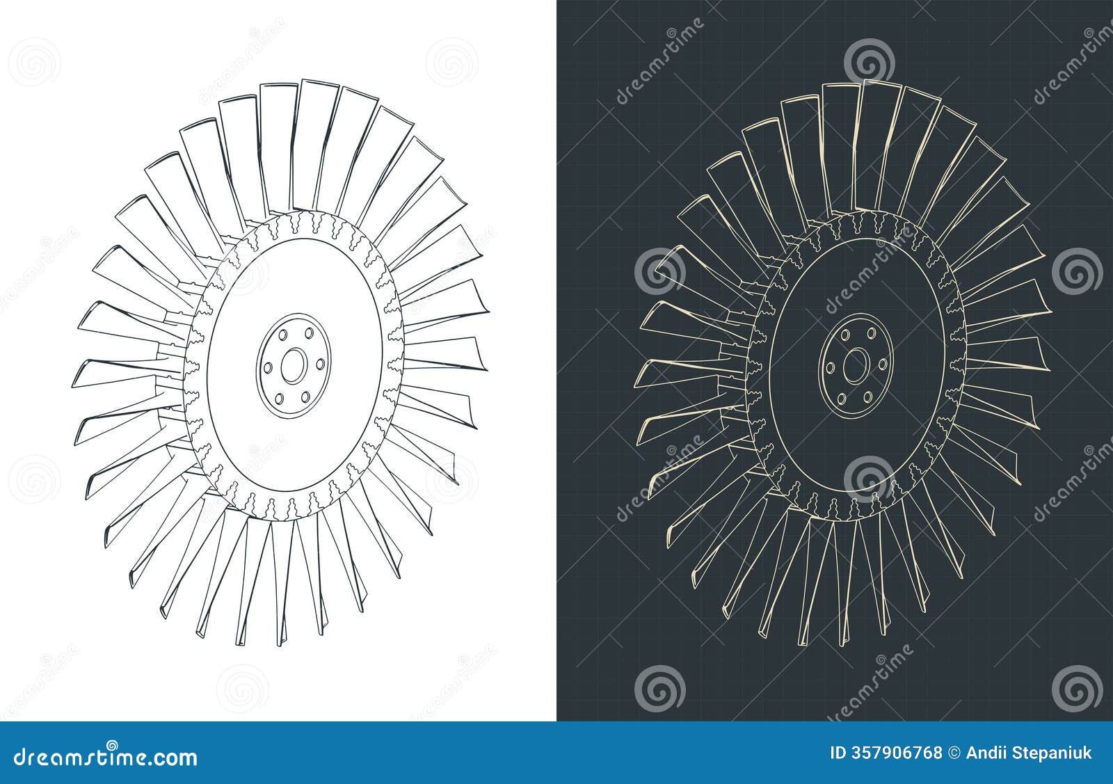 Compressor Blisk And Turbine Blades Blueprints Illustration Cartoon ...