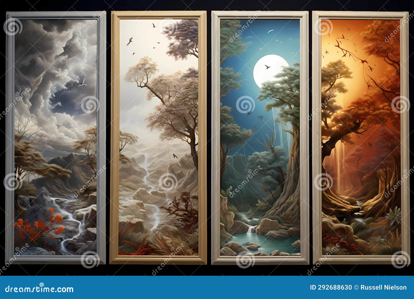 Four Panels, Each Artfully Depicts One of the Essential Elements of ...