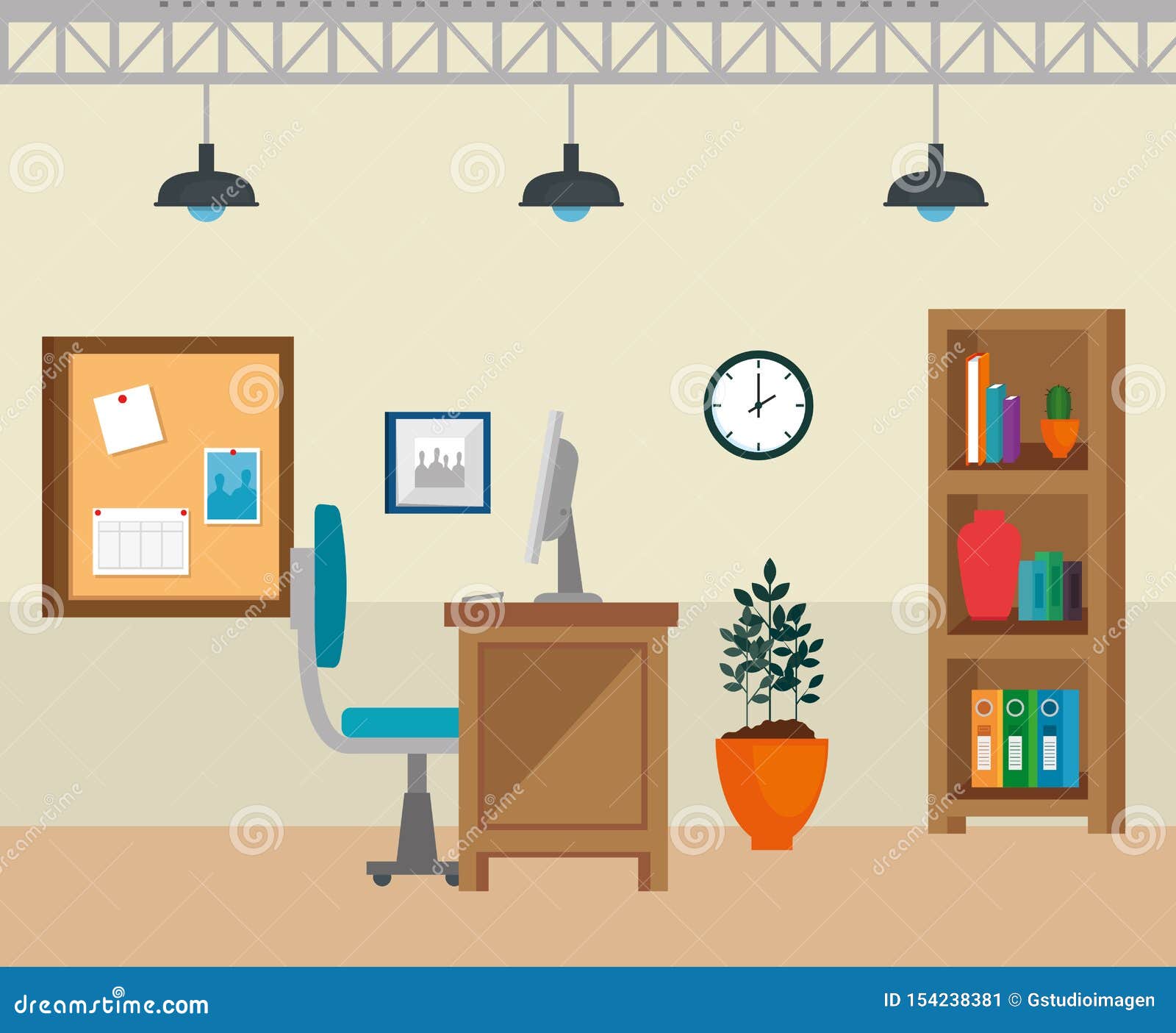Compter Technology And Desk With Chair And Clock Royalty-Free Cartoon ...