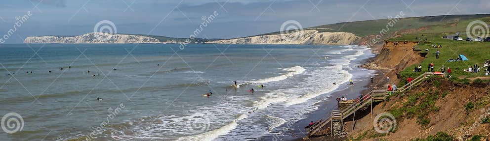 Compton Bay on the Isle of Wight, UK Stock Photo - Image of surfers ...