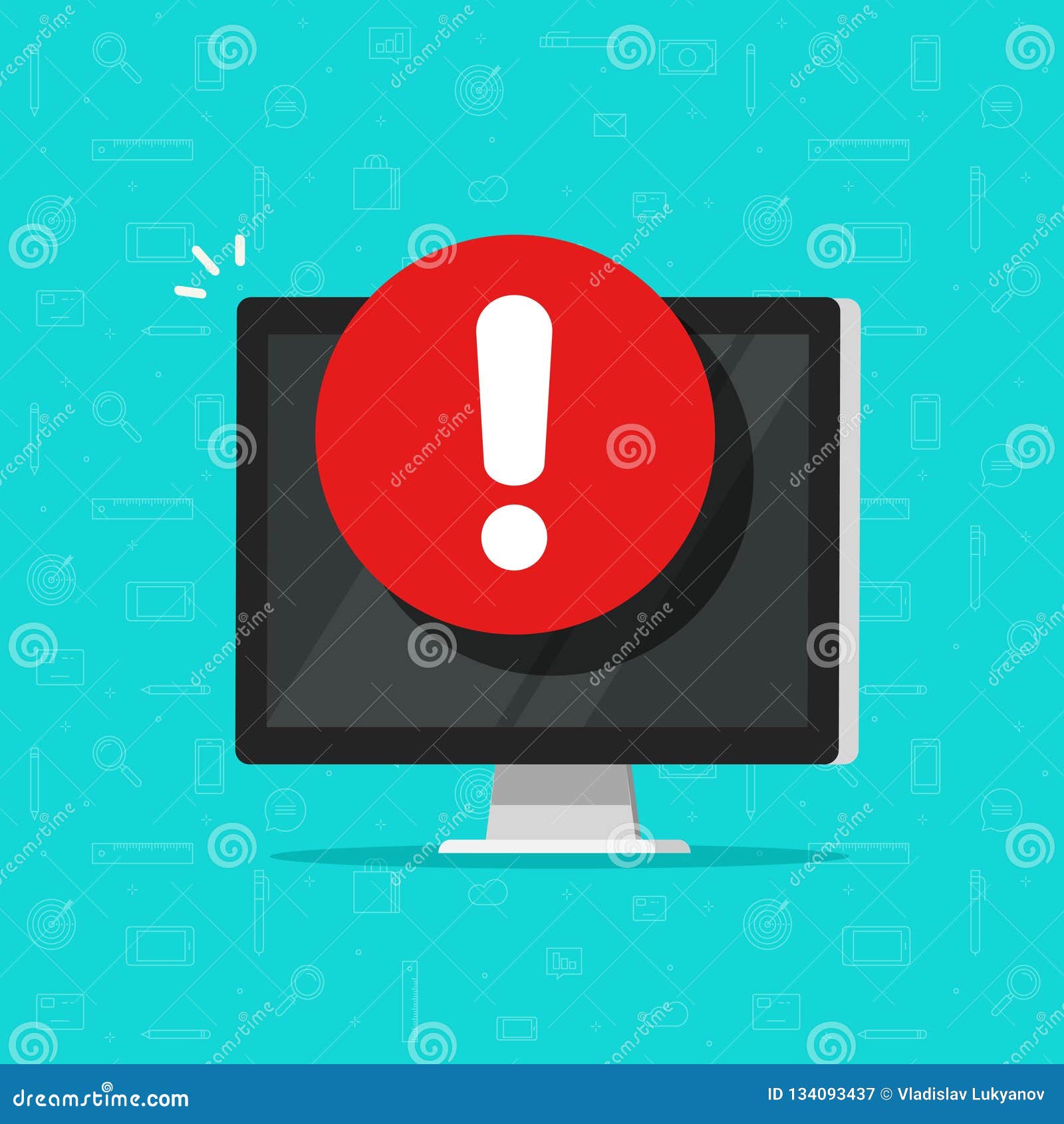 Computer with Alarm or Alert Sign Vector Icon, Flat Pc Display with ...
