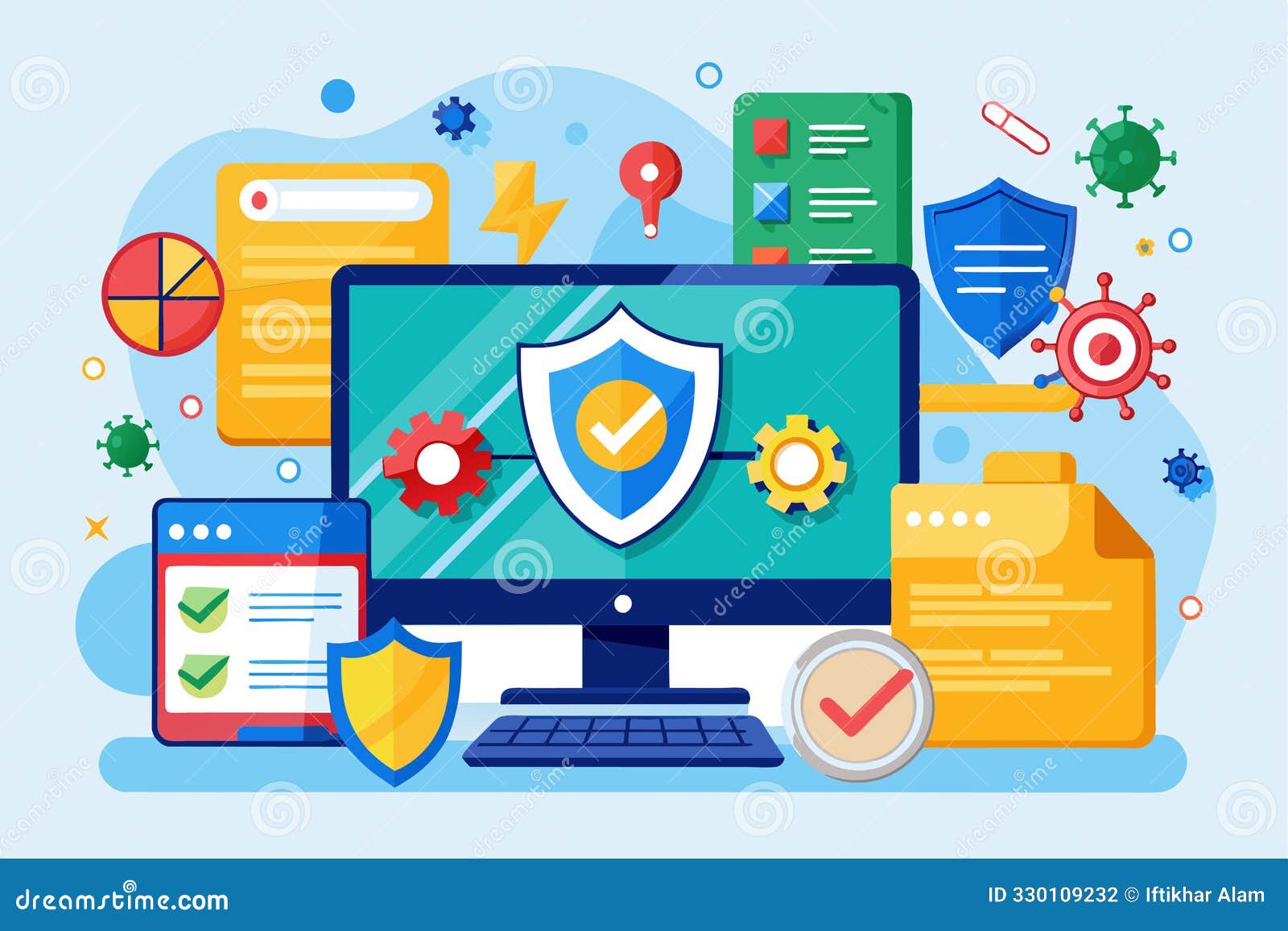 A Computer with Antivirus Software Displayed Shows Secure Shield Icons ...