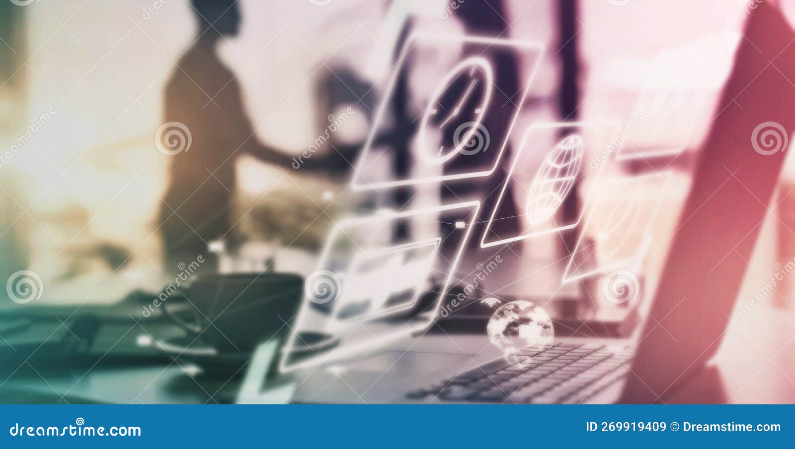 Computer App Overlay, Dashboard and Laptop Data Graphic in Office with ...