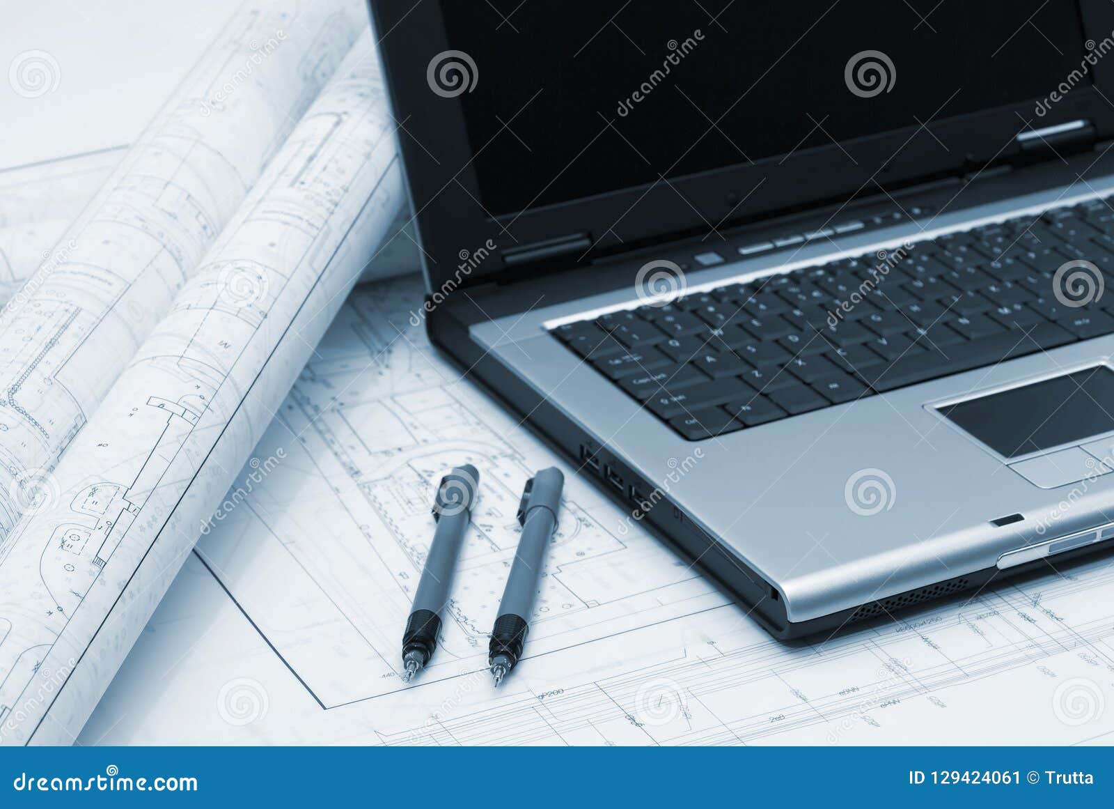 Computer and Architectural Plans in Blue Tint Stock Image - Image of ...