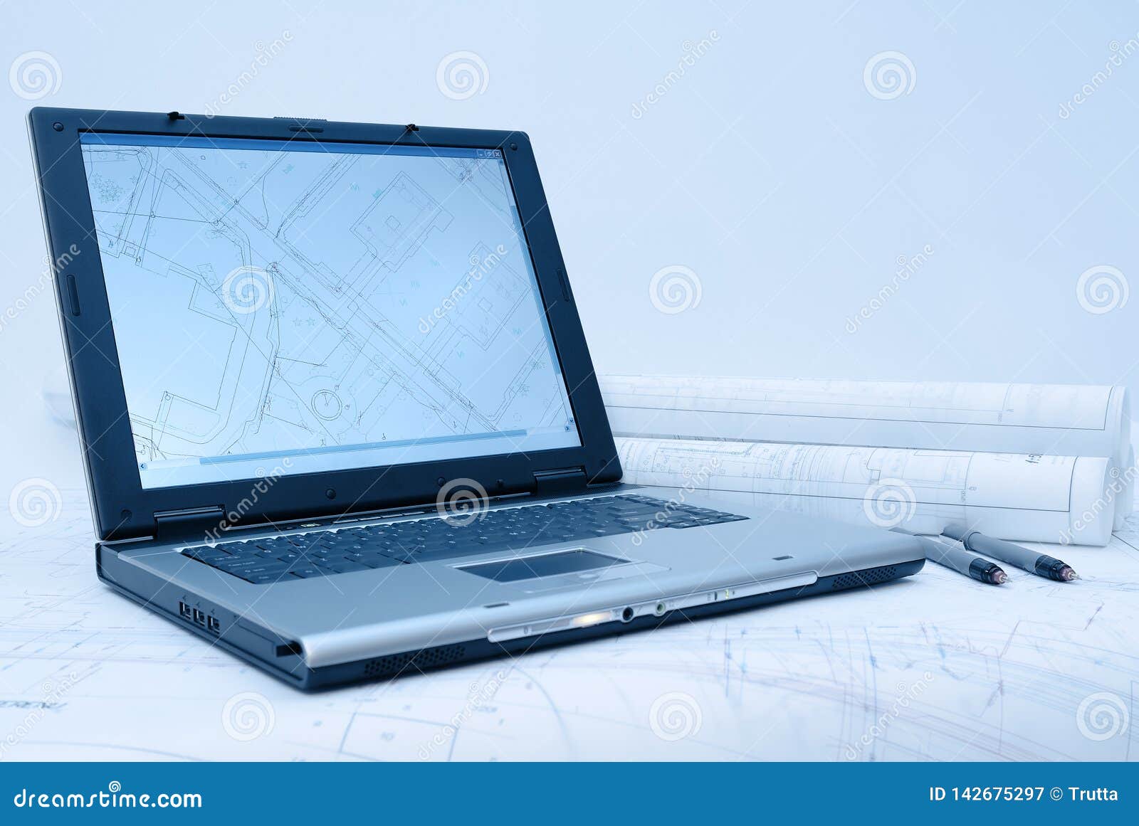 Computer and Architectural Plans in Blue Tint Stock Image - Image of ...