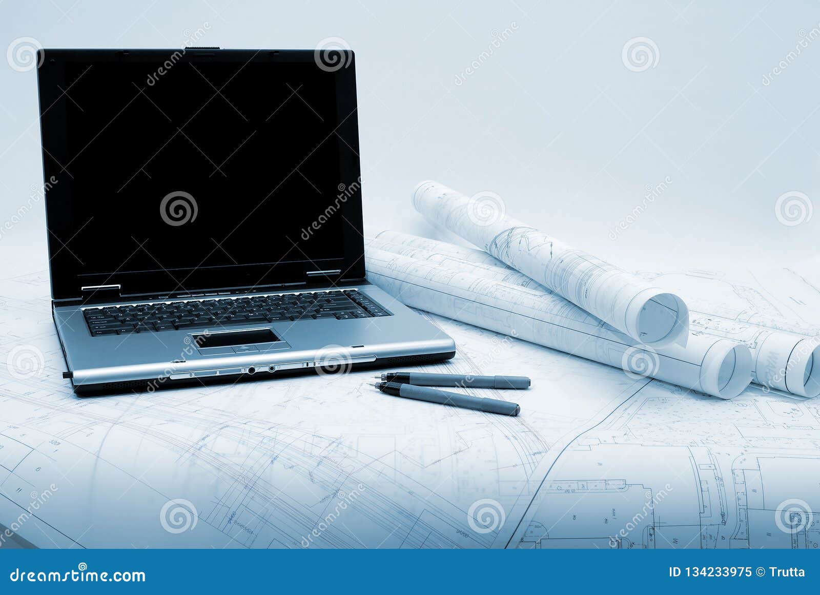 Computer and Architectural Plans in Blue Tint Stock Image - Image of ...