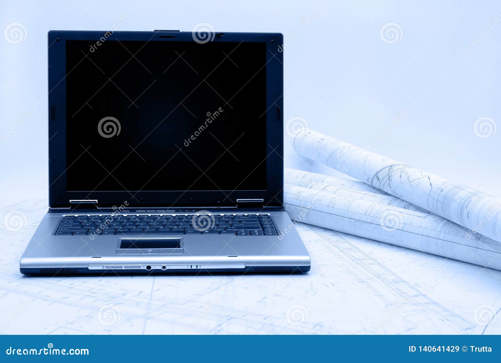 Computer and Architectural Plans in Blue Tint Stock Image - Image of ...