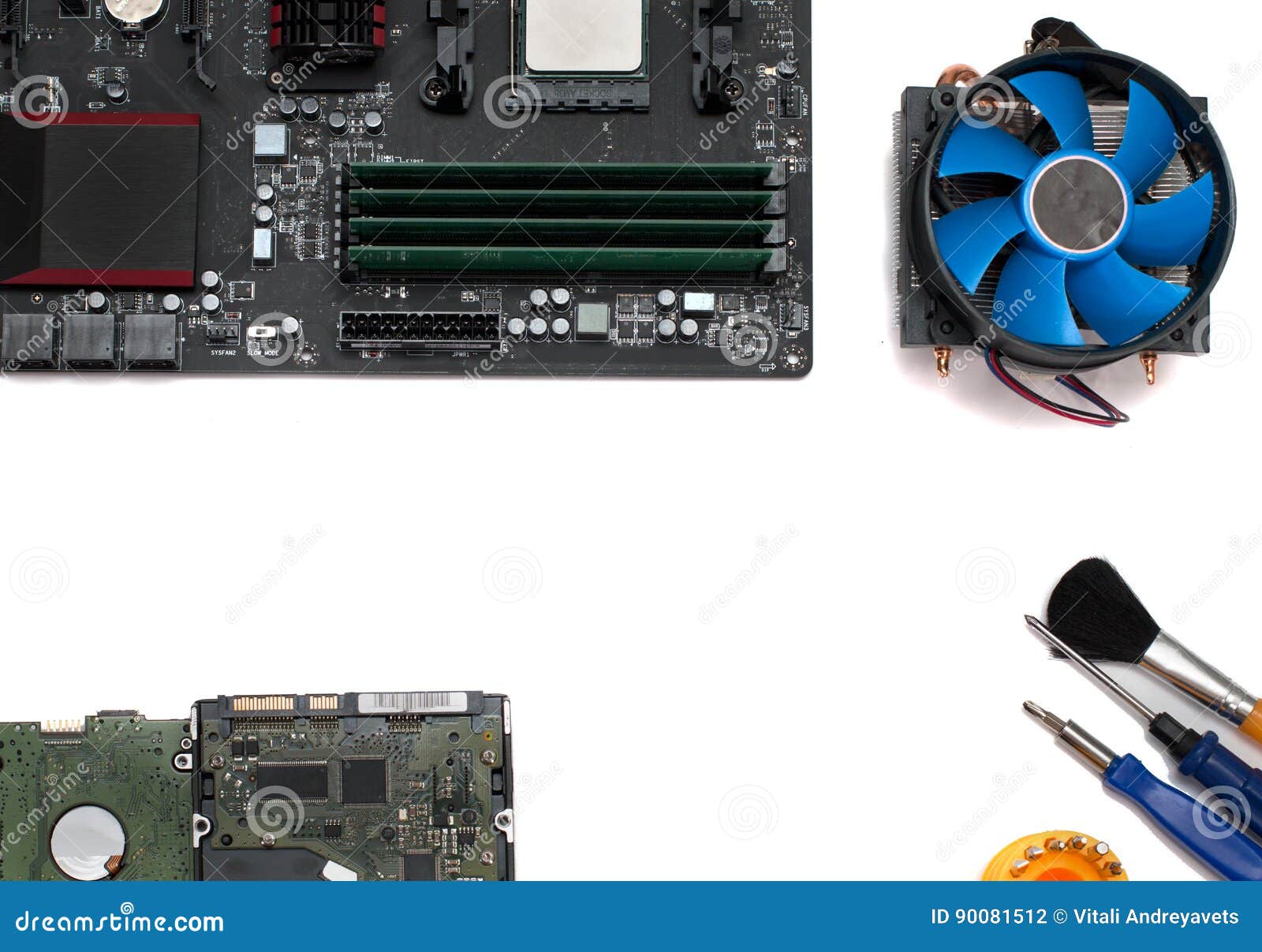 Computer Assembly Details and Tools on a White Background Stock Photo ...