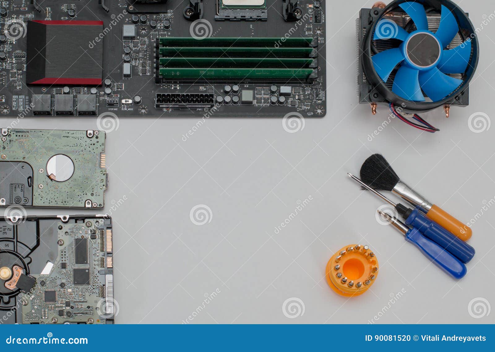 Computer Assembly Details and Tools on a White Background Stock Photo ...