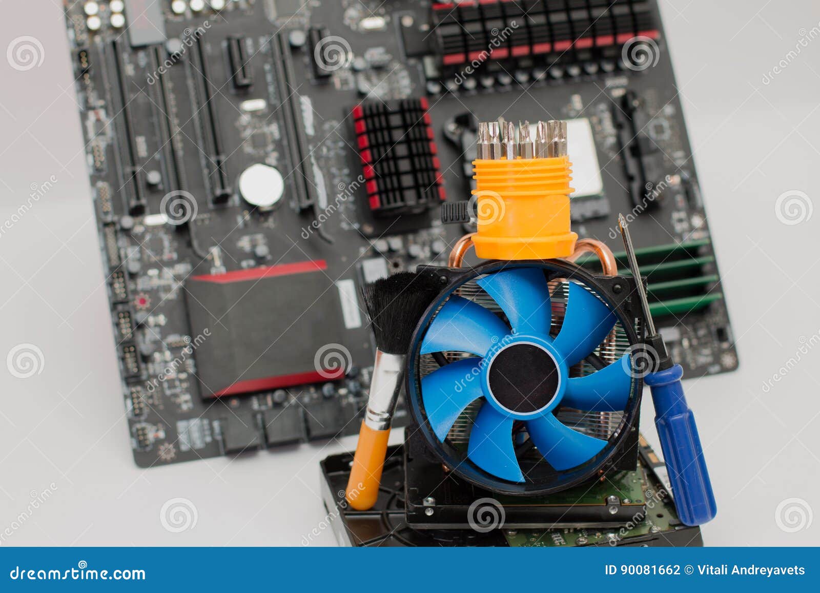 Computer Assembly Details and Tools on a White Background Stock Photo ...