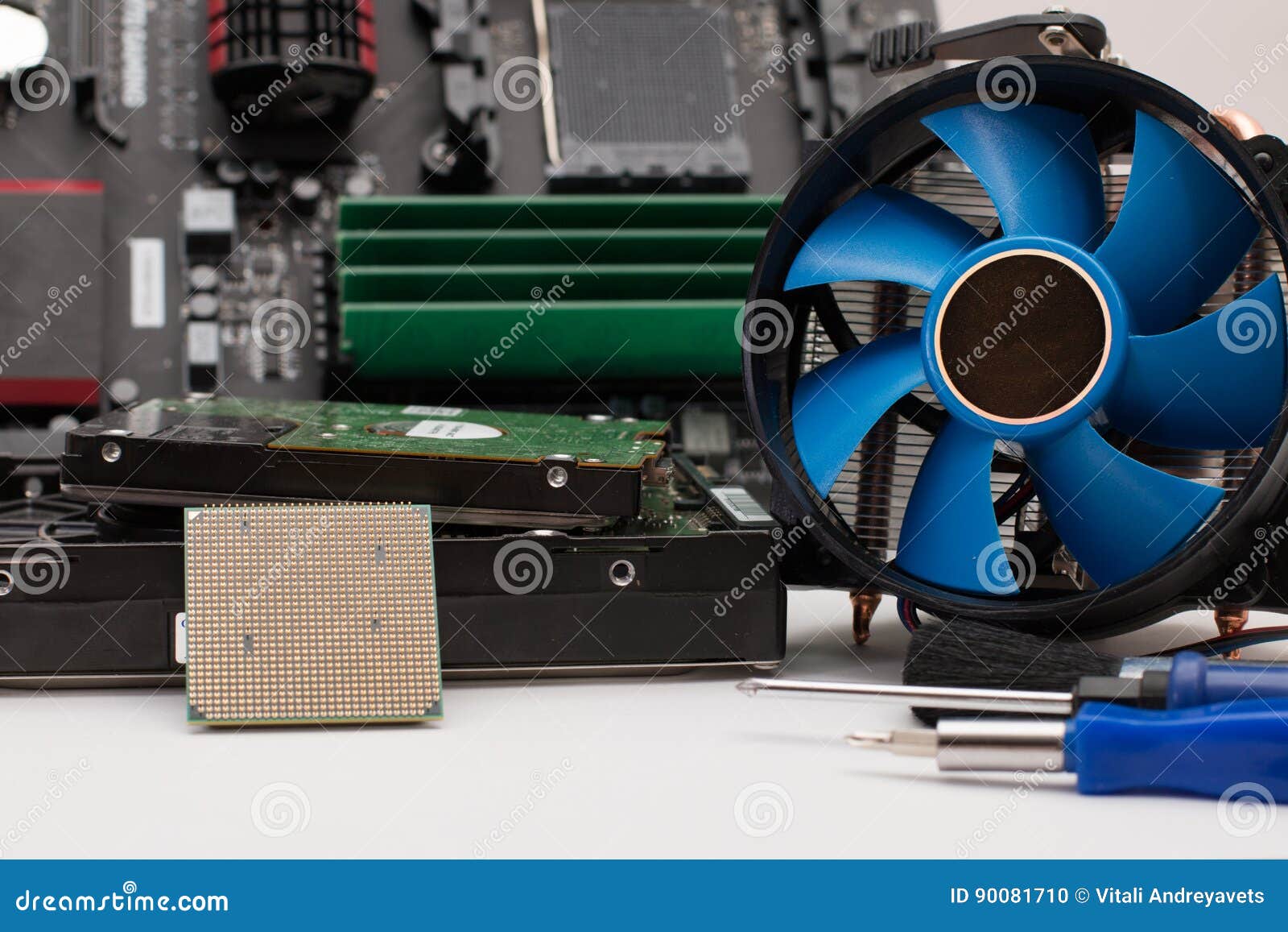 Computer Assembly Details and Tools on a White Background Stock Photo ...