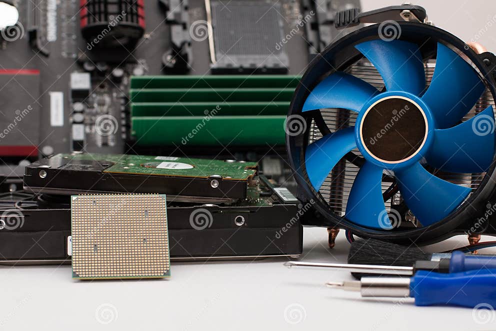 Computer Assembly Details and Tools on a White Background Stock Photo ...