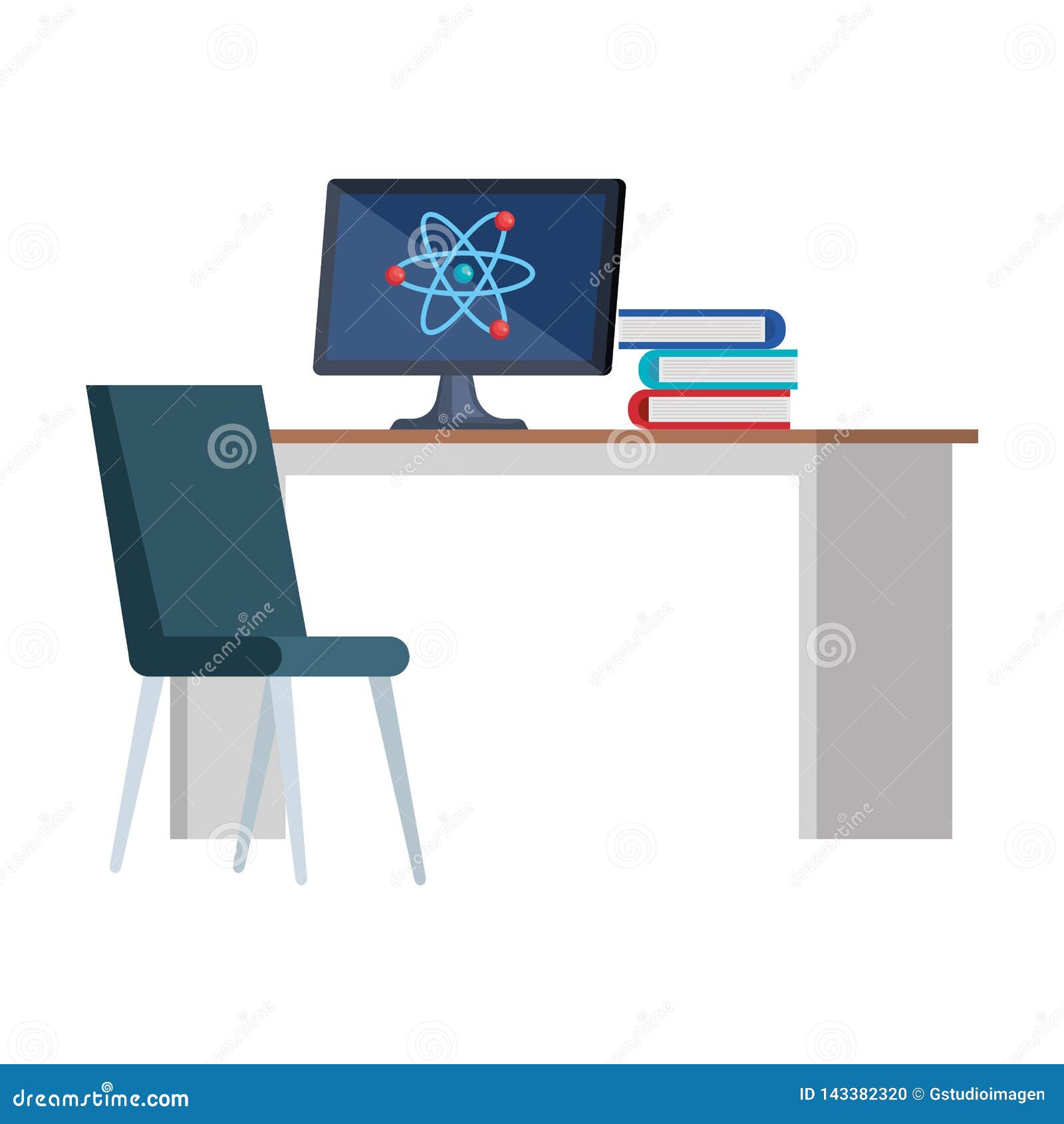 Computer with Atom Molecule in Desk and Books Stock Vector ...