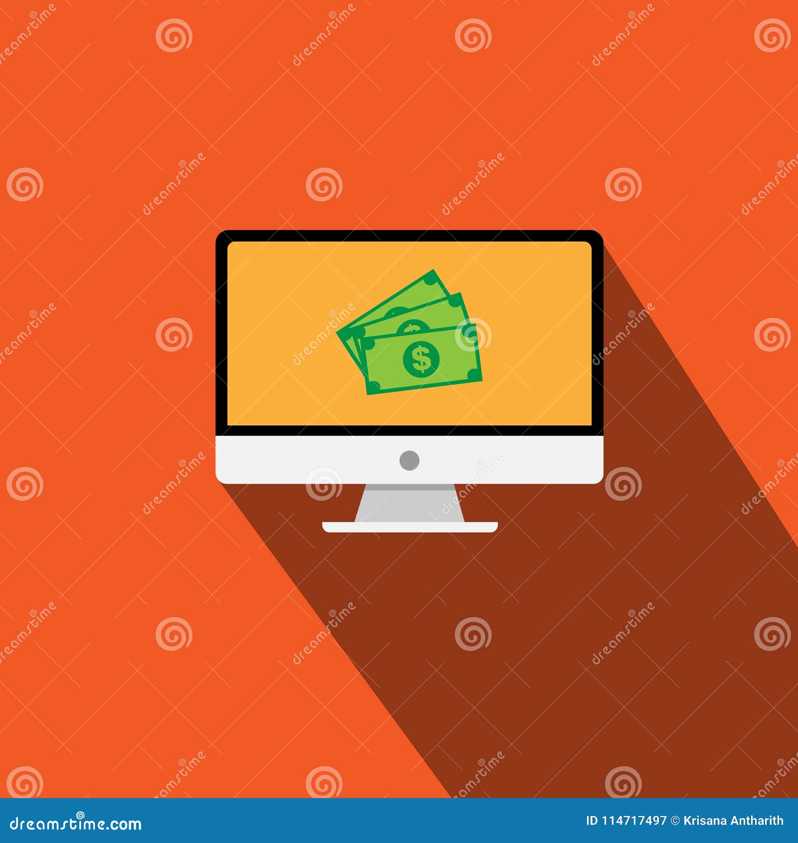Computer with Banknote in Trendy Flat Style Isolated on Orange B Stock ...