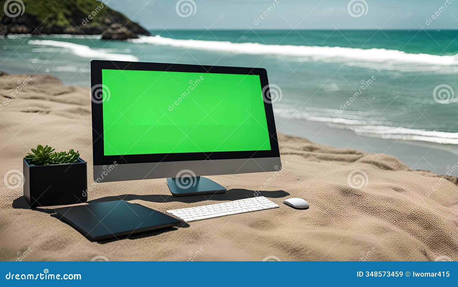 Computer on a Beach with Green Screen Stock Illustration - Illustration ...