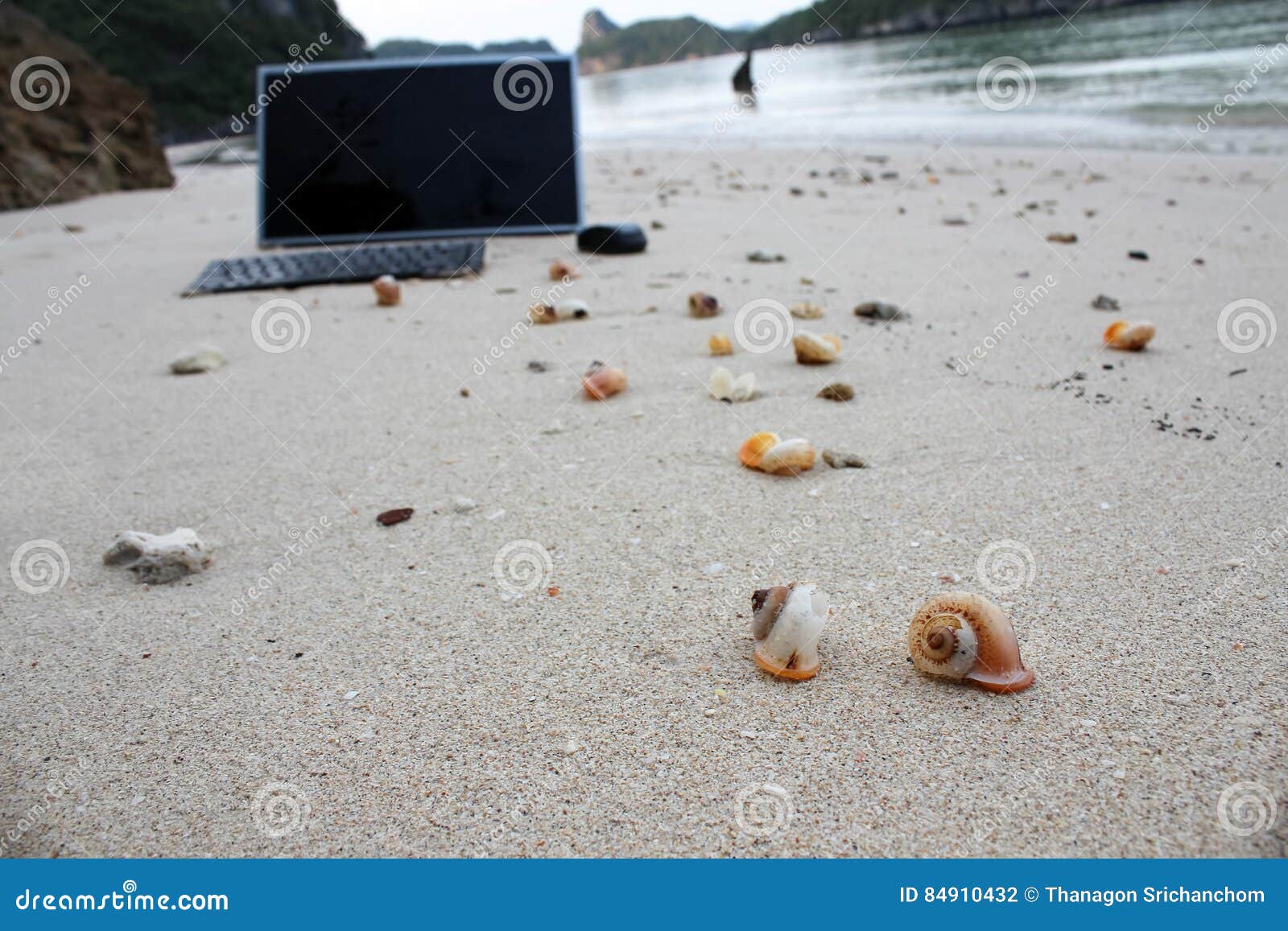 The computer on the beach. stock photo. Image of person - 84910432