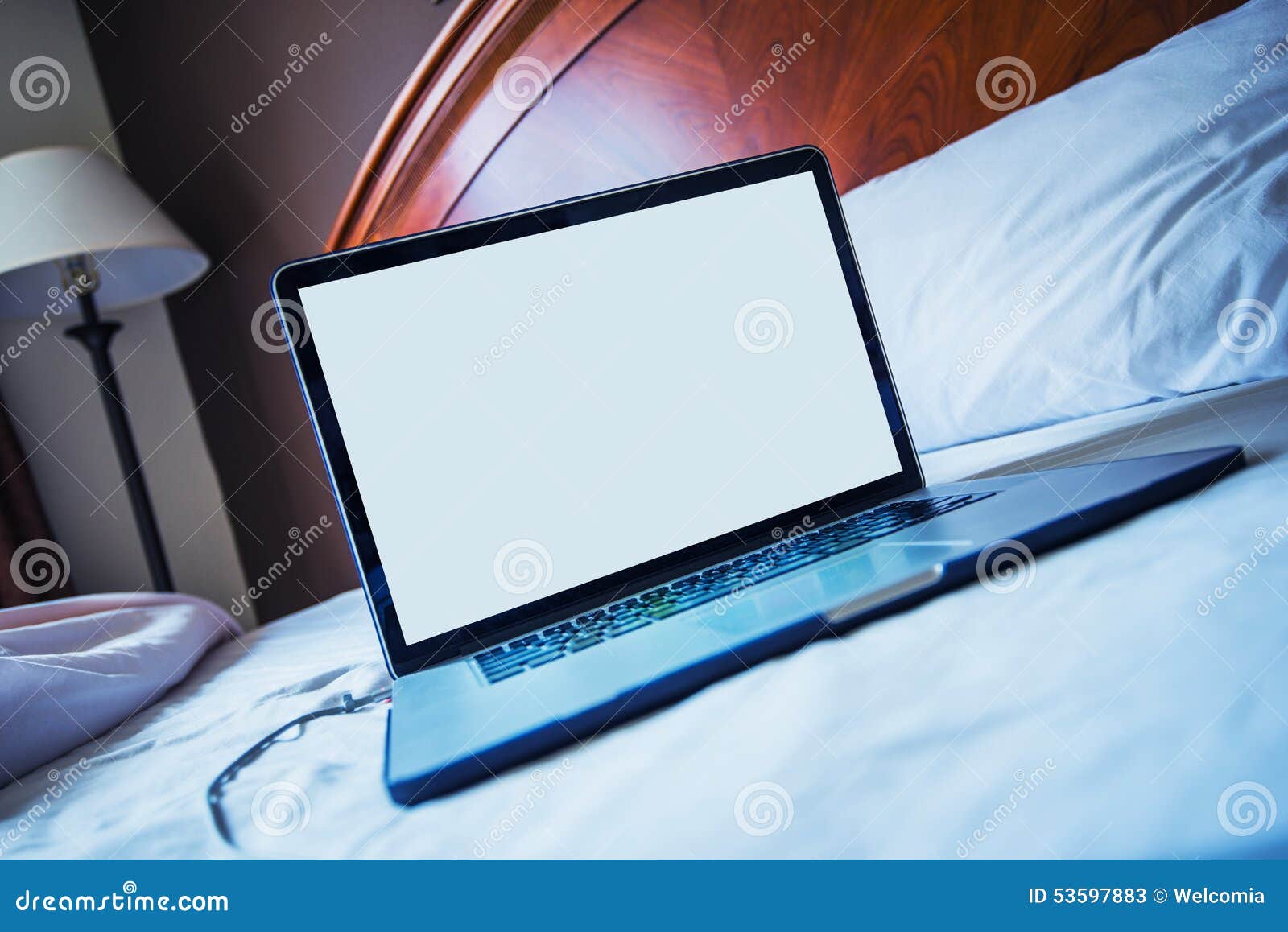 Computer in Bed stock image. Image of notebook, evening - 53597883