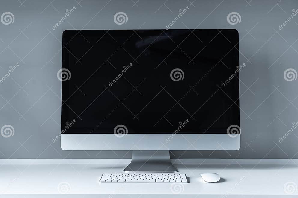Computer with Black Screen and Keyboard Stock Image - Image of office ...