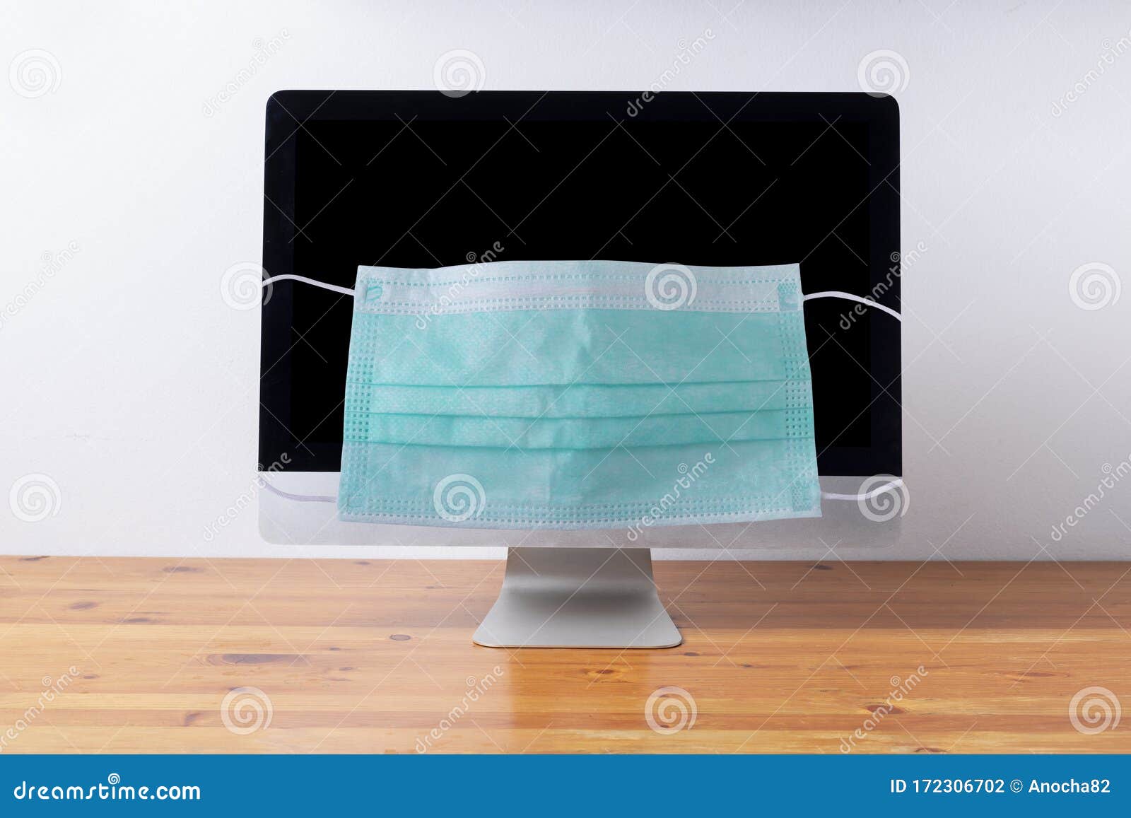 Computer Black Screen on Table Wood with Protective Face Mask Stock ...