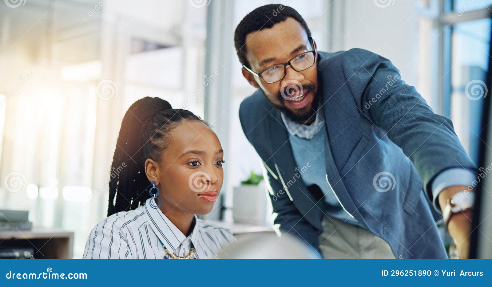 Computer, Black Woman and Manager Training Intern or Coaching Employee and Helping with Project ...