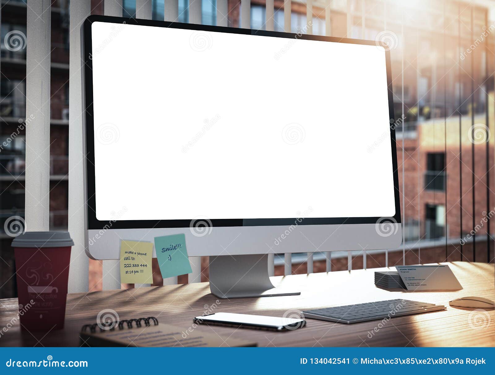 Computer with Blank Screen with Keyboard on Desk Stock Image - Image of ...