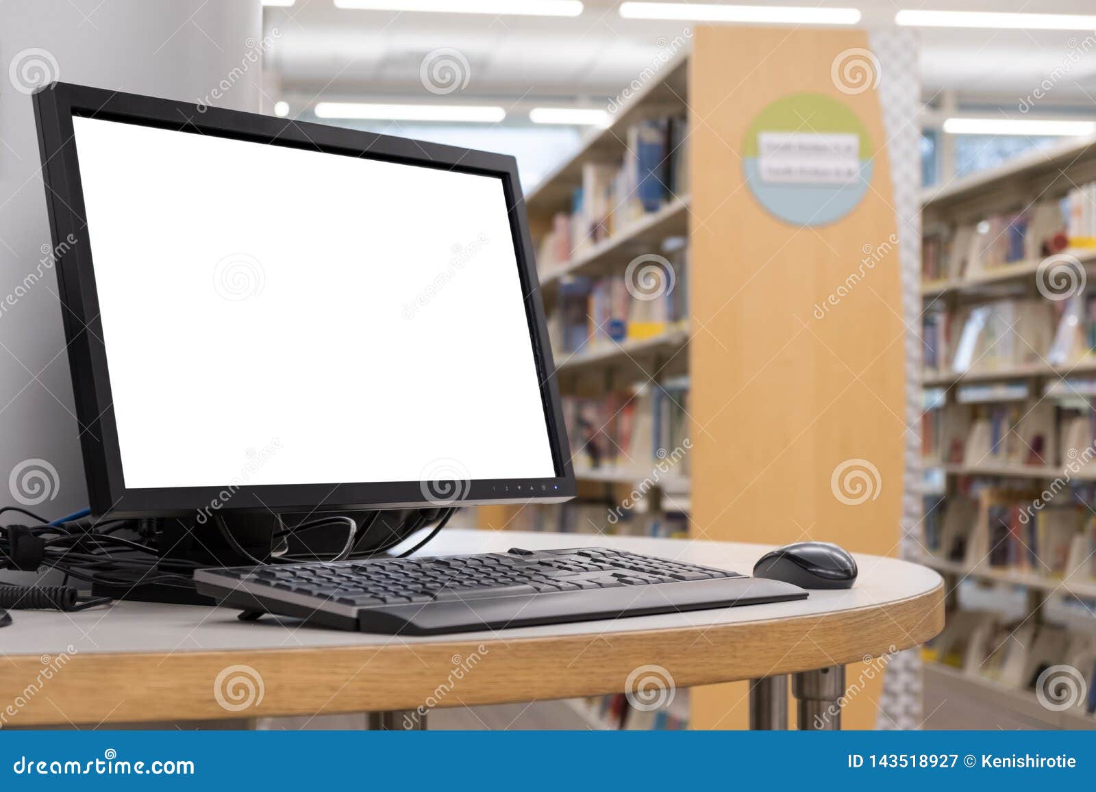 Computer with Blank Screen Monitor on Table in Interior Library Stock ...