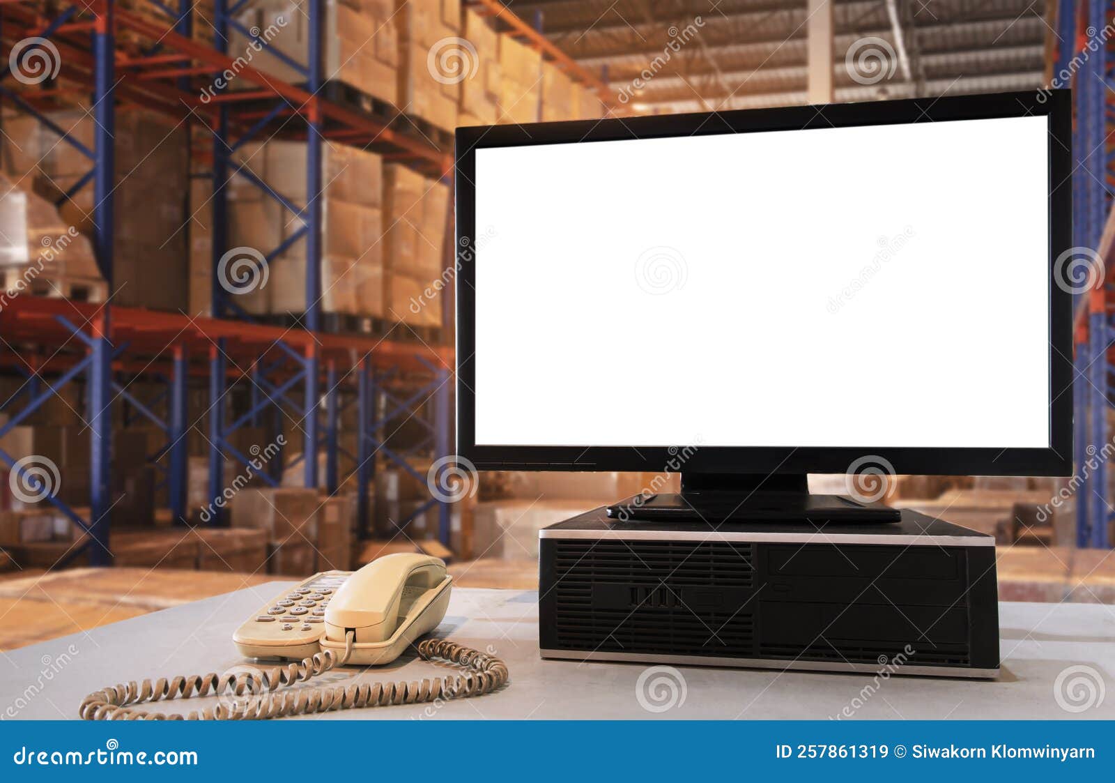 Computer Blank Screen on Table in Storage Warehouse Space. Warehouse ...