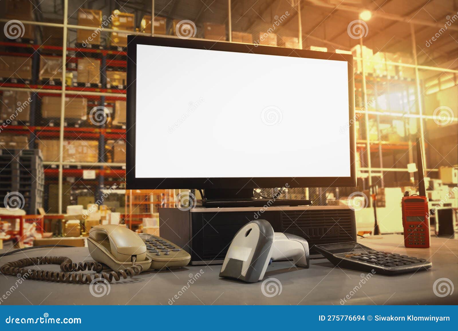 Computer Blank Screen on Table in Warehouse Space. Warehouse Inventory ...
